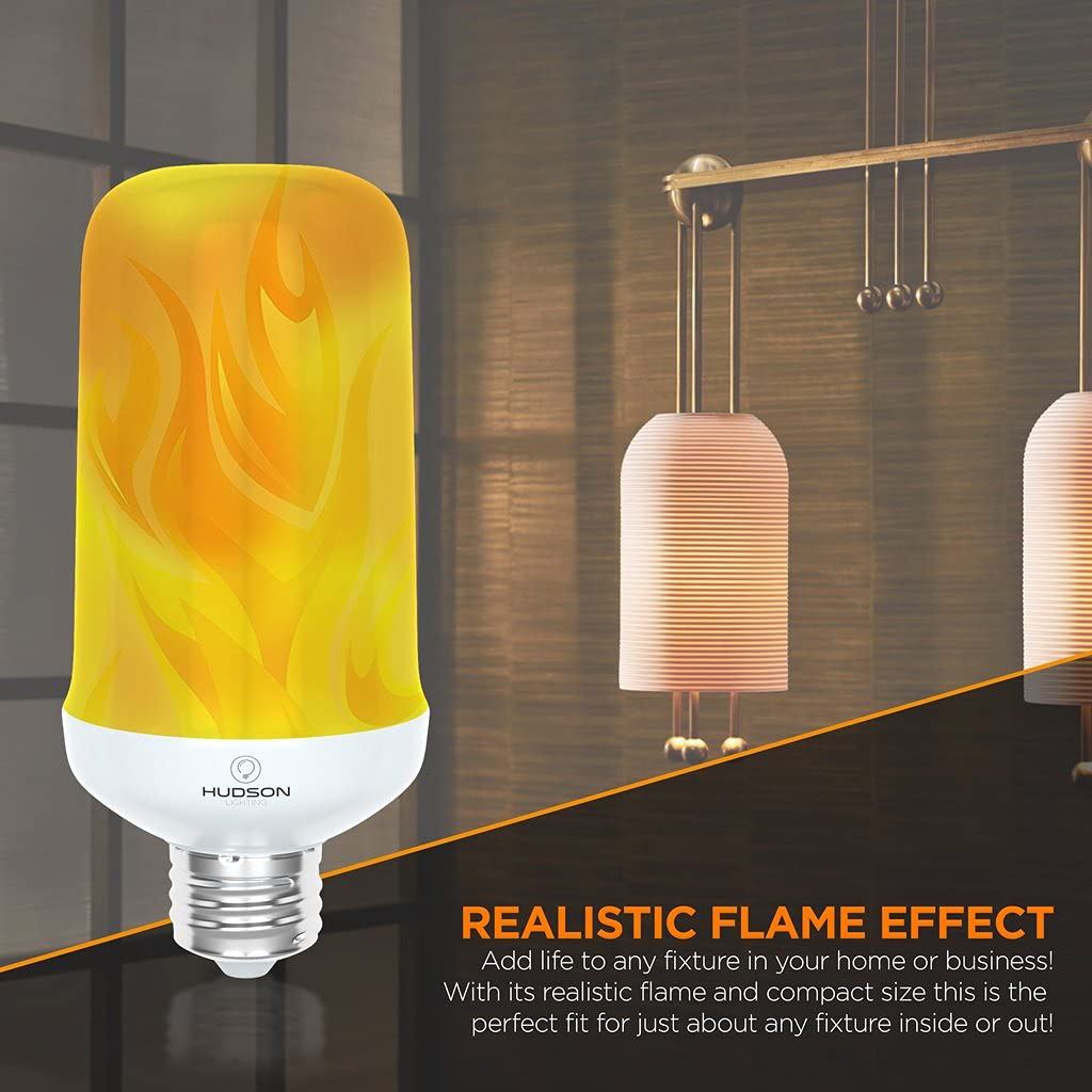 Hudson Flame Effect LED Flickering Light Bulbs (2 Pack) for Halloween - 3W Single Mode Upside Down fire Light LED Bulb - E26/E27 Standard Base Flame Bulb 200 Lumen for Indoor/Outdoor
