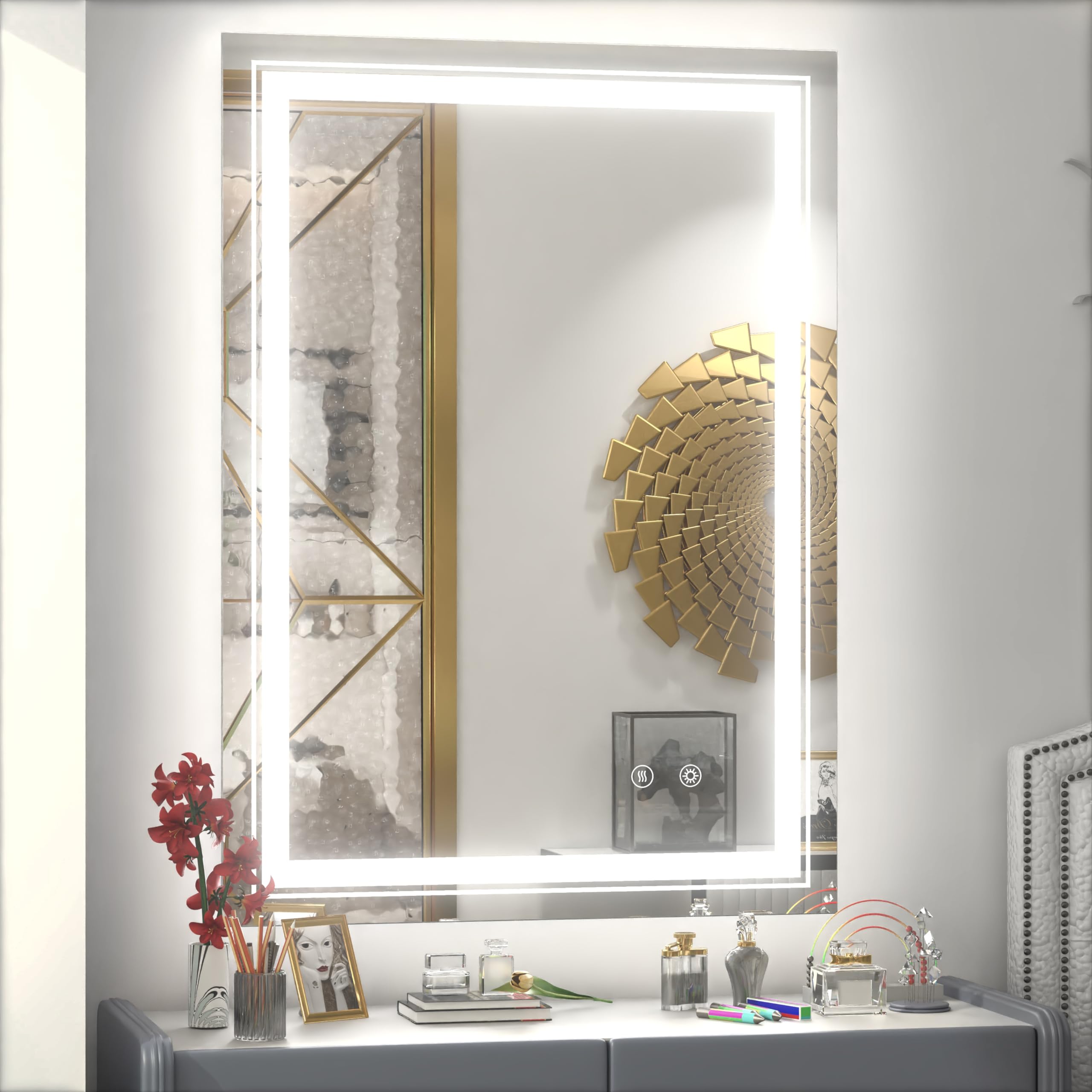 JSneijder 2-Piece(Frameless+Framed) LED Bathroom Mirror, 24x36 Inch, Bathroom Mirror with Lights, Wall Mounted Dimmable Anti-Fog Lighted Mirror for Bedroom