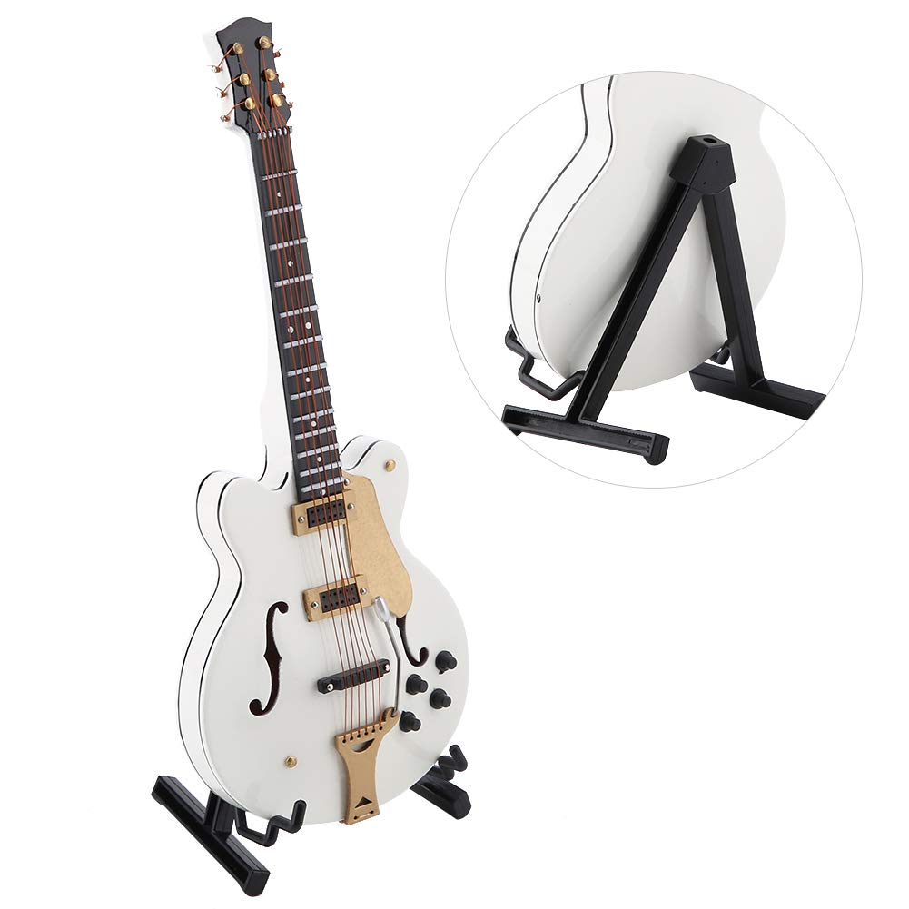 Hilitand White Miniature Guitar, 7in Instrument Model, with Adjustable AFrame Stand, Mini Musical Instrument, Electric Guitar Ornaments, Christmas/Birthday Gift