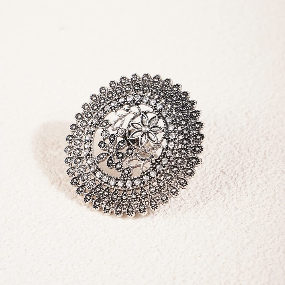 Jumwrit Rhinestone Big Round Ring Open Wrap Ring Vintage Ring with Flower Engraved Statement Ring Adjustable Finger Ring Indian Ring for Women and Girls（Silver）