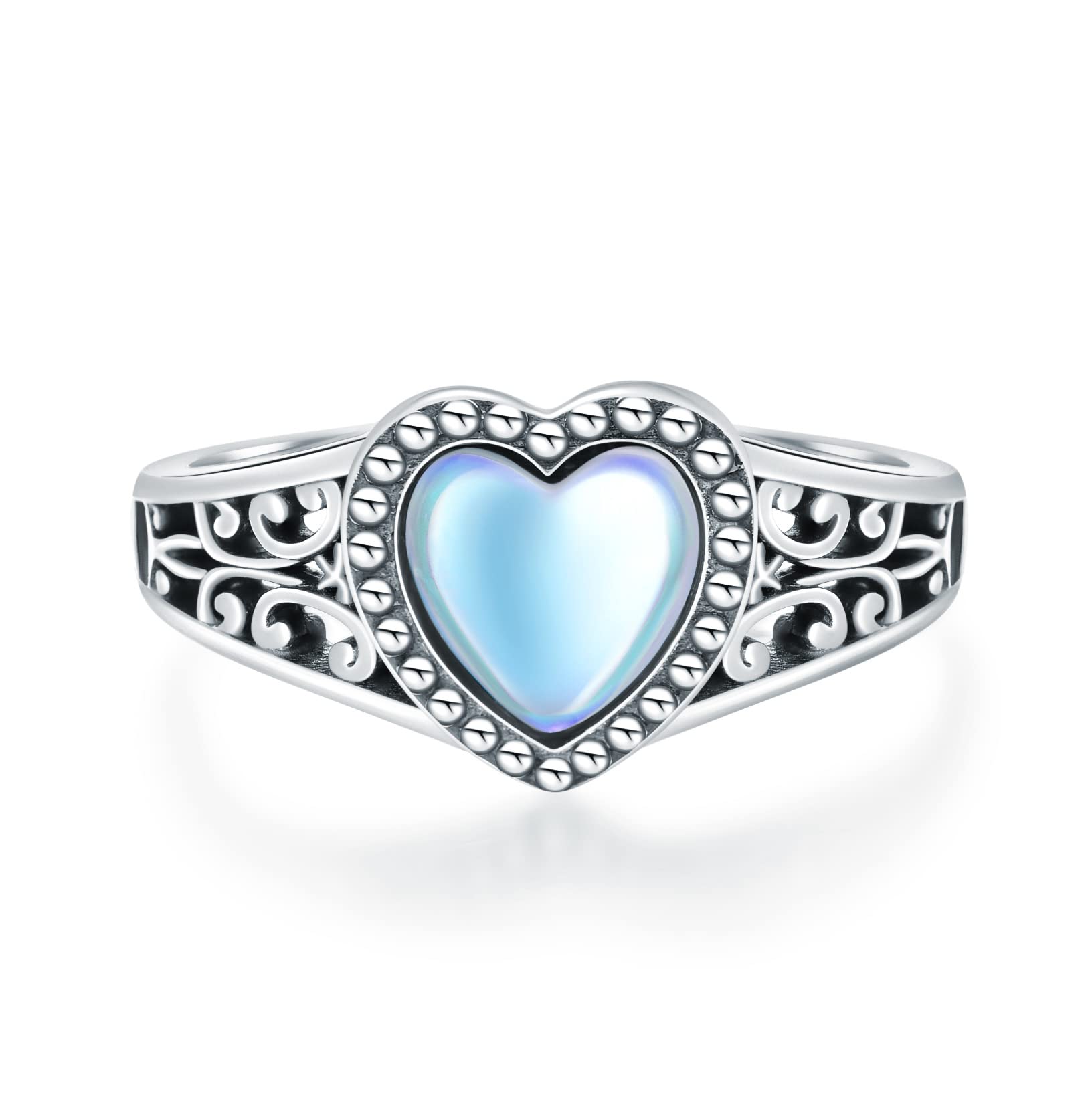 LONAGO Created Moonstone Ring 925 Sterling Silver Heart Shaped Vintage Ring Jewelry (Size 9)