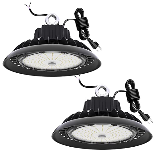 UFO LED High Bay Lights 100W 15000LM 0-10V Dimmable AC100-277V 5000K ETL Listed High Bay Led Lights with 5' Cable Ring Hook Safe Rope for Warehouse Factory Workshop Barn Garge 2 Packs