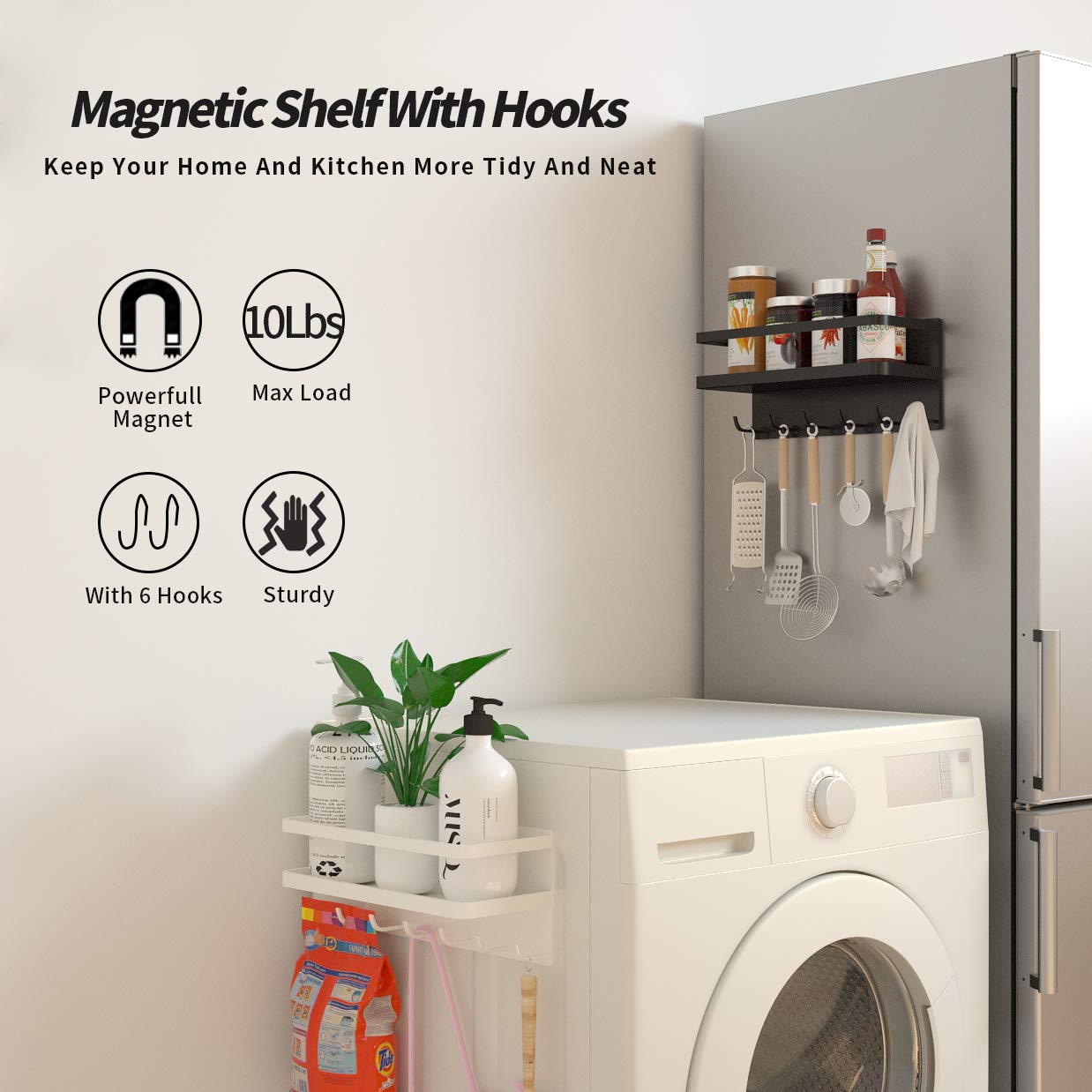 YJSMO 6 Hooks Magnetic Key Holder,Magnetic Key Racks with Tray,Magnetic Key Hooks,Magnetic Shelf for Keys,Letters, Coat Hooks,Used in Kitchen or Office,Made of Steel (Black, Medium)