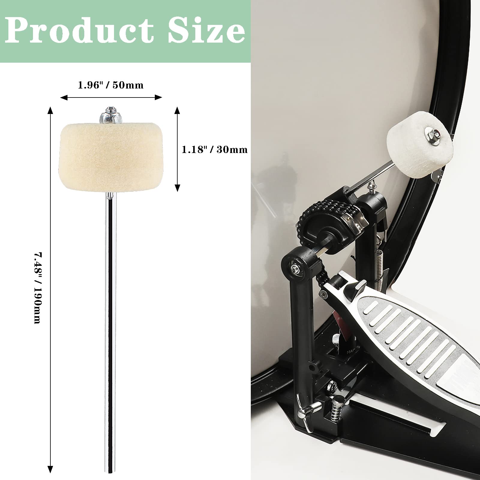 Lanzeuta Bass Drum Beater White Felt Kick Drum Beater with Stainless Steel Shaft Percussion Instrument Accessory Part - 2 Pcs