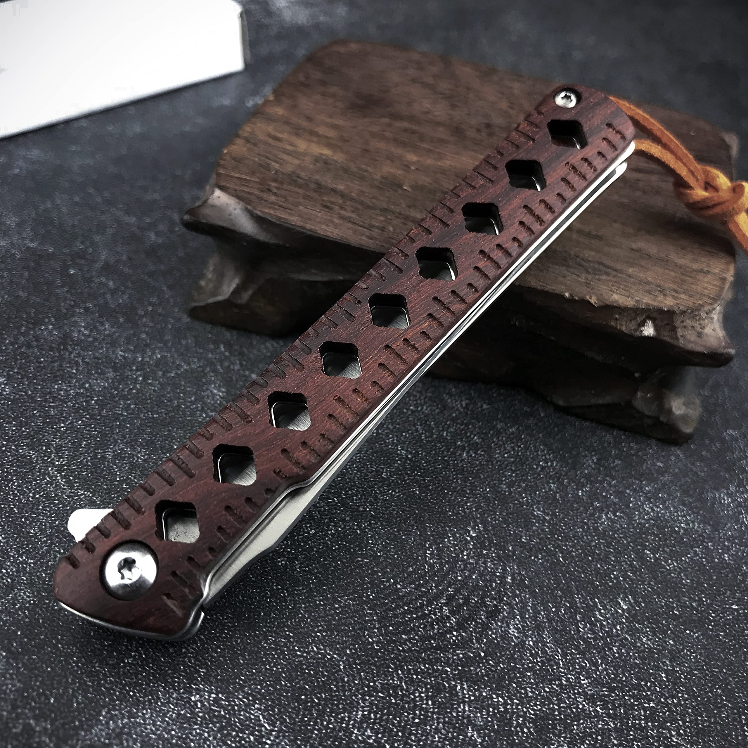 HUAAO 7.3’’ Folding Pocket Knife, EDC Small Knife with D2 Steel Blade, Rosewood Handle, Liner Lock, Flipper Open, for Camping Hunting Outdoor