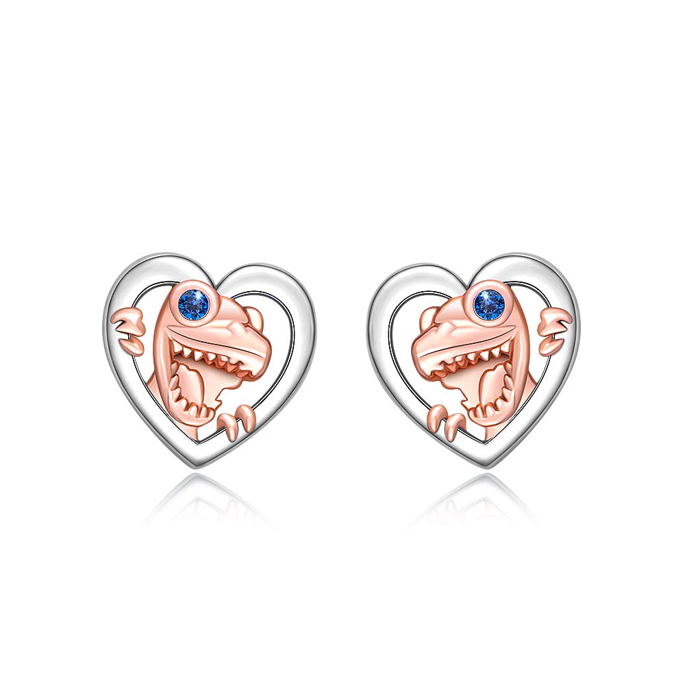 Heart Dinosaur Earrings Sterling Silver Studs for Cute Crystal Sapphire Jewelry Women's Statement Hypoallergenic Animal Valentine Gift