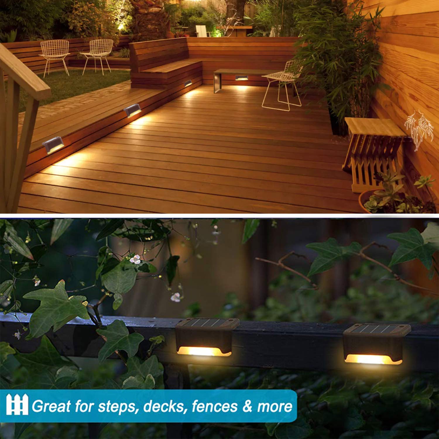 HAFUNA Solar Deck Lights Outdoor, 8Pcs Waterproof LED Solar Powered Step Lamp, Warm White Decorative Lighting Auto On/Off for Stairs Garden Patio Fence Yard
