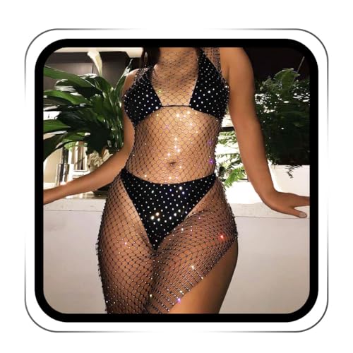 Graeen Rhinestone Mesh Body Chain Crystal Mesh Dress Fishnet Hollow Out Dress Sparkly See Through Coverups for Women (Black)
