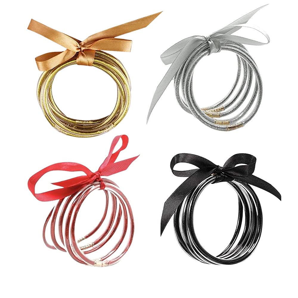 Hilufiet Multilayer Silicone Rainbow Glitter Jelly Bangles Bracelets Ribbon Bow Set Gold Colour Powder Bracelet for Women -4