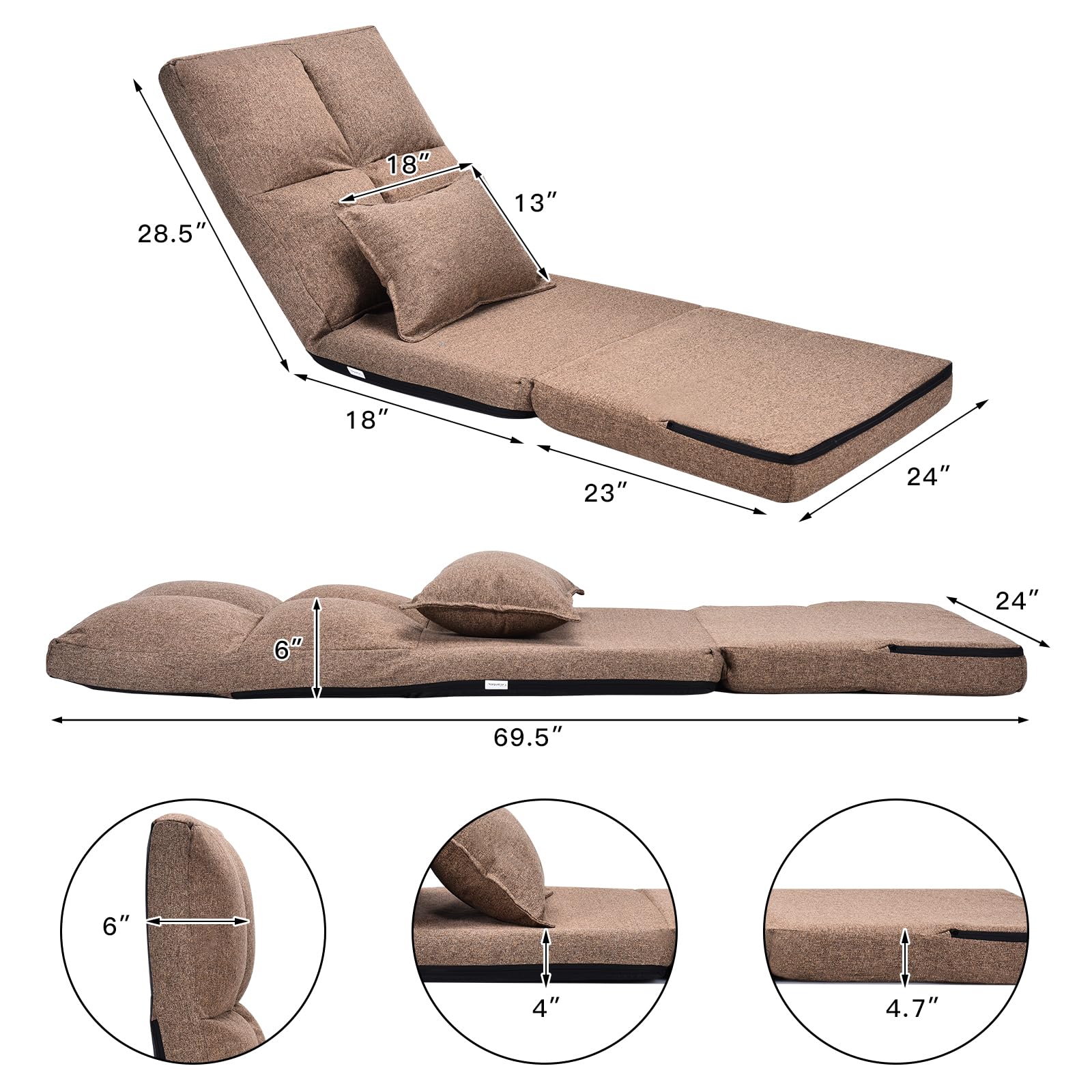 Giantex Triple Fold Down Sofa Bed, Adjustable Floor Couch Sofa with One Pillow, 6 Reclining Position, Convertible Upholstered Guest Sleeper, Modern Folding Lounge Chaise for Living Room and Bedroom