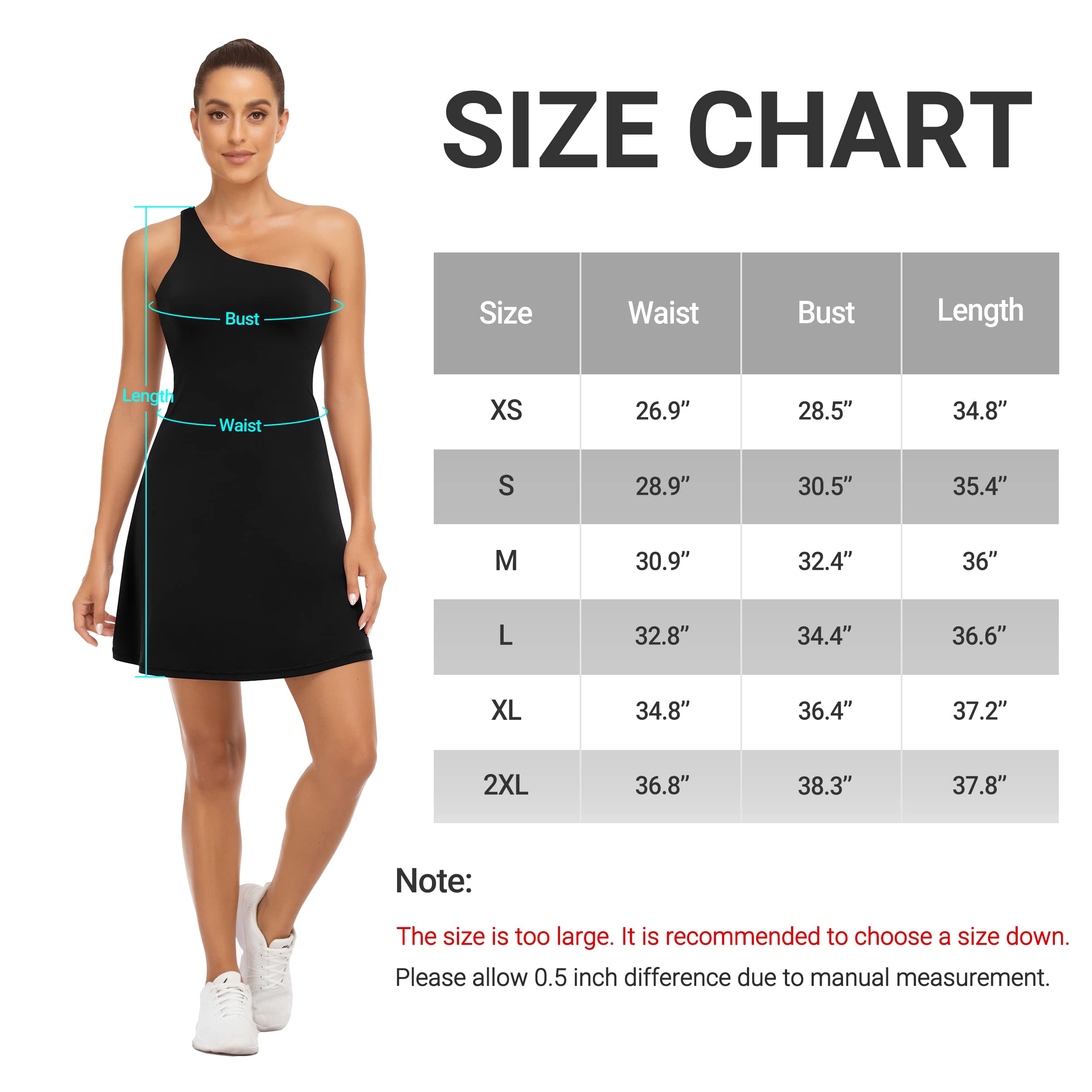 JAFINSY Women One Shoulder Workout Tennis Dress with Bra & Shorts for Exercise Golf Athletic Black