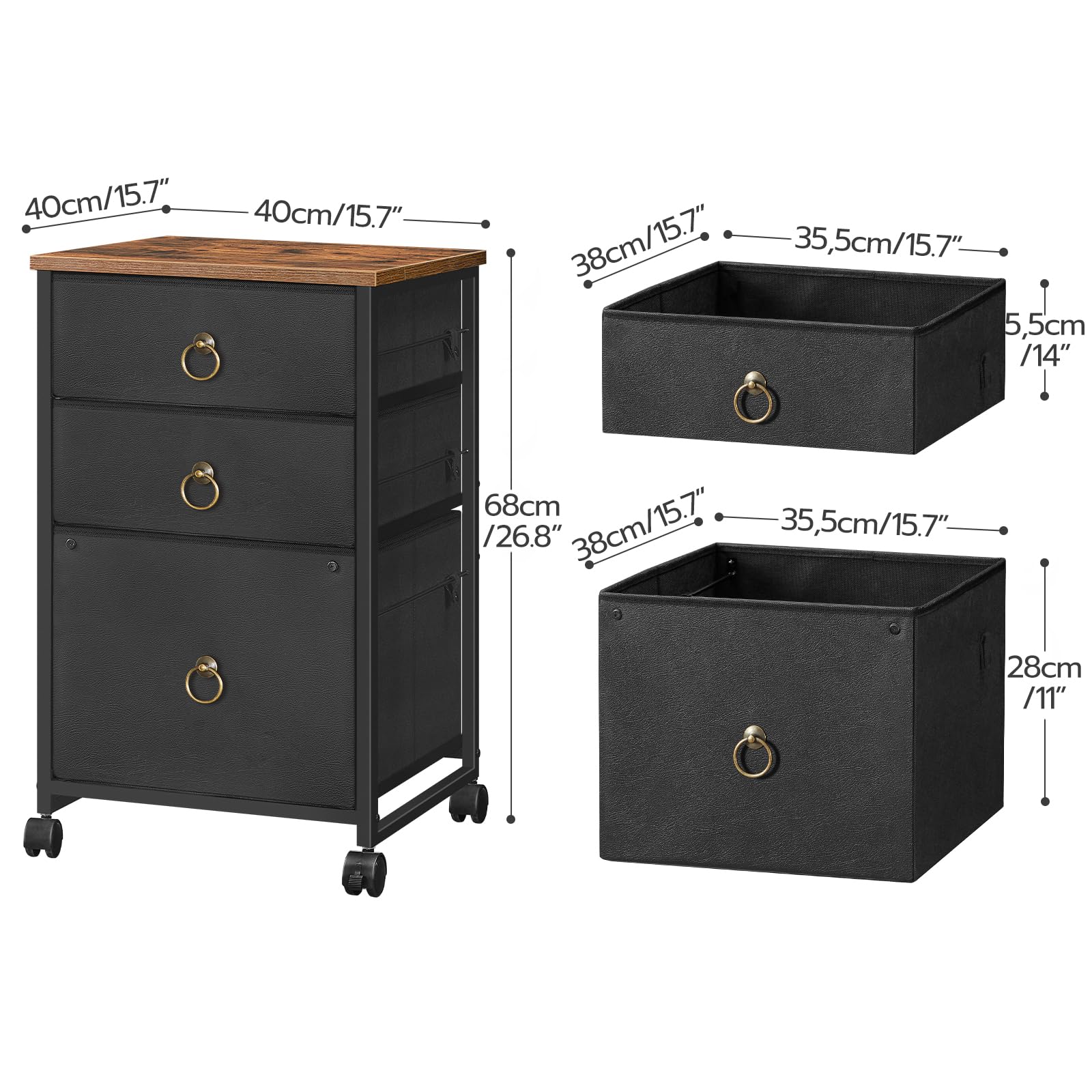 HOOBRO Mobile File Cabinet, Rolling Printer Stand with 3 Drawers, Fabric Vertical Filing Cabinet, Office Cabinet, Filing Cabinet for Home Office, A4/Letter-Sized, Rustic Brown and Black BFK30WJ01