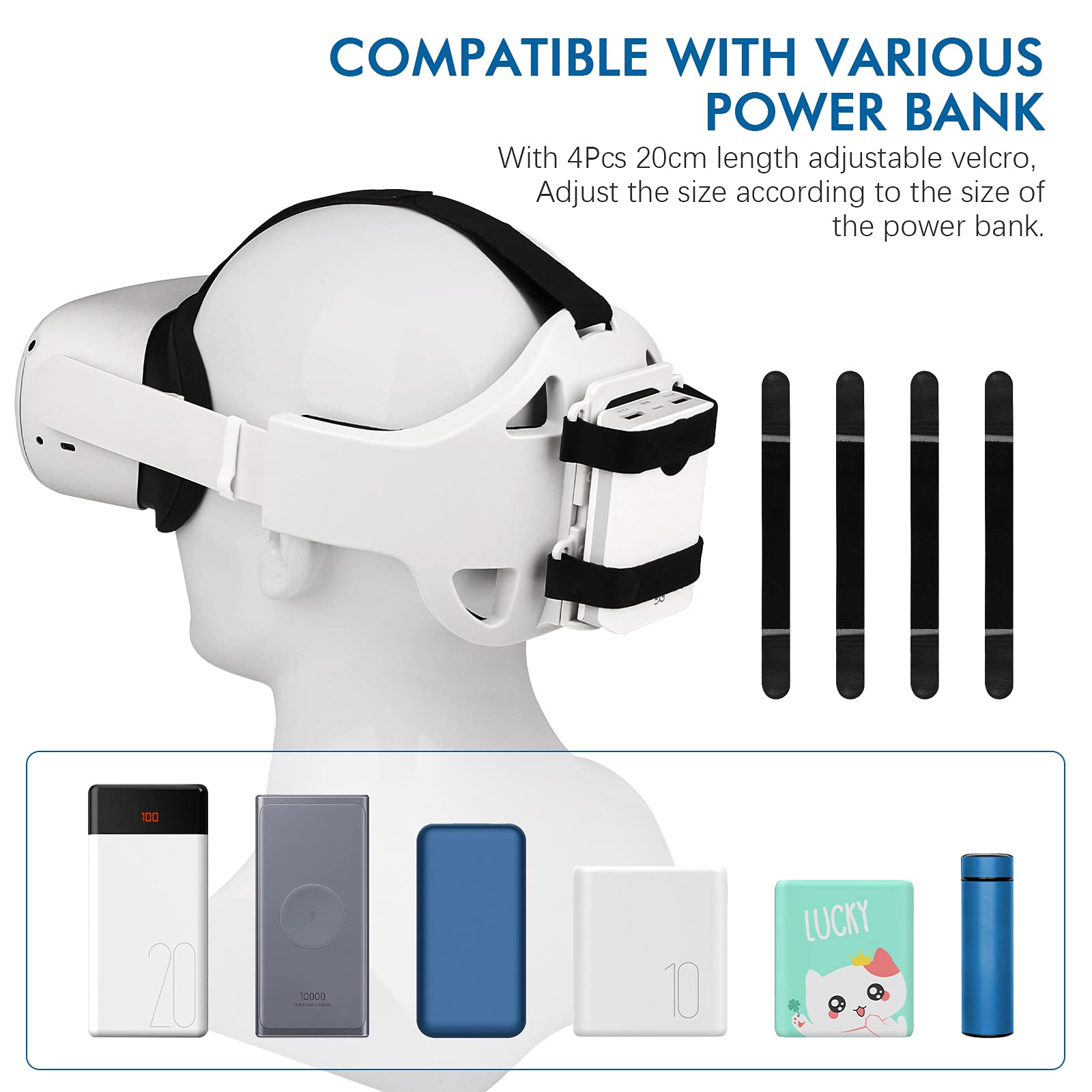 Head Strap for Oculus Quest 2, Replacement with Battery Holder Bracket, Reduce Head Pressure, Compatibly Multiple Sizes Battery White