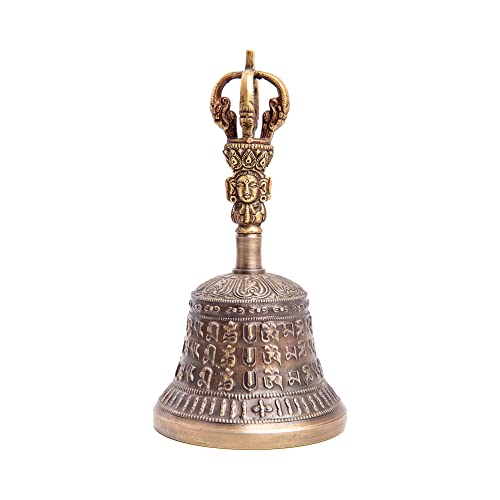 Large Tibetan Buddhist Meditation Alter Pray Singing Bowl Bell Bronze and Dorje Set 18 cm X 9 cm - Himalayan Bazaar