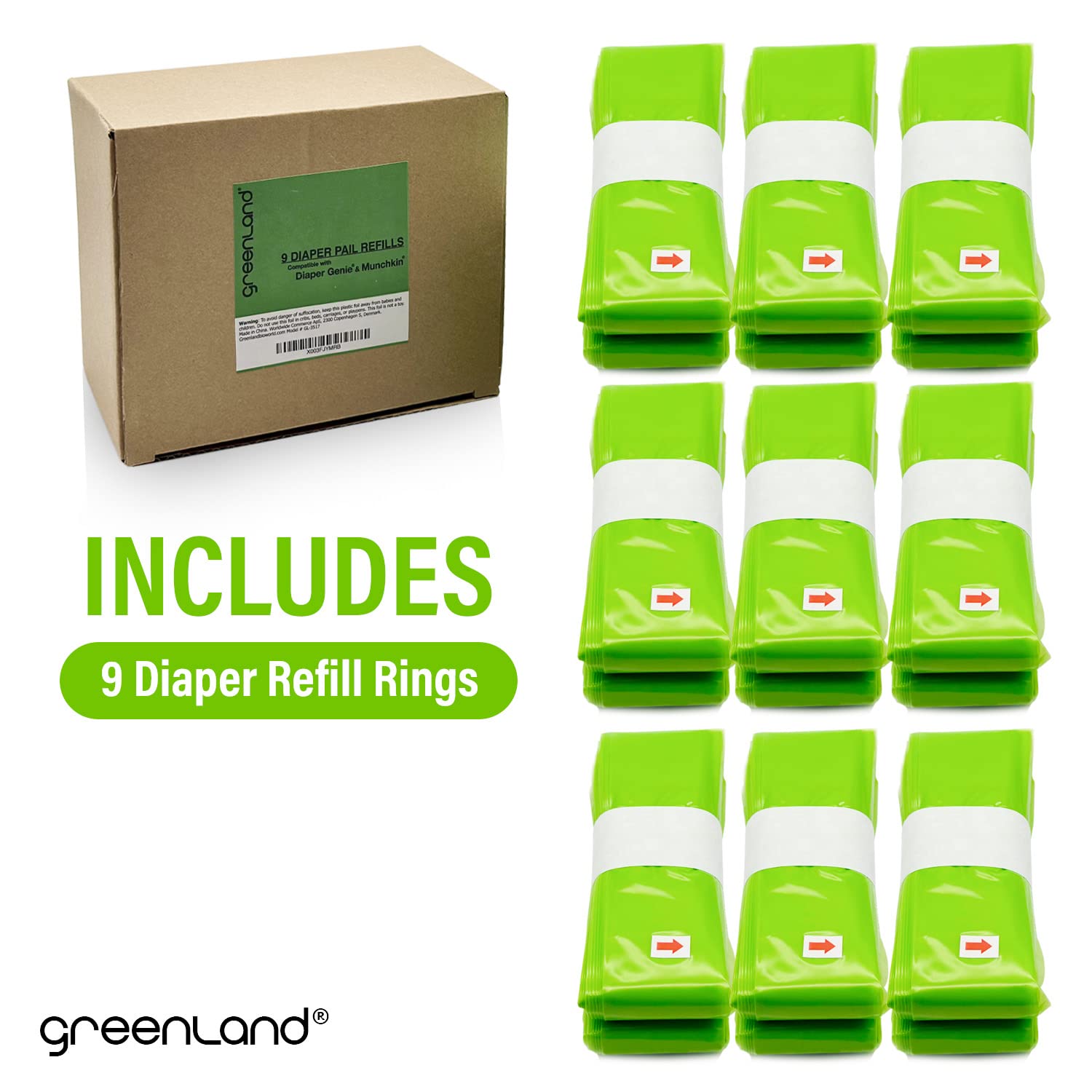 Greenland Diaper Pail Refill Foil for Diaper Genie & Munchkin 9-Pack
