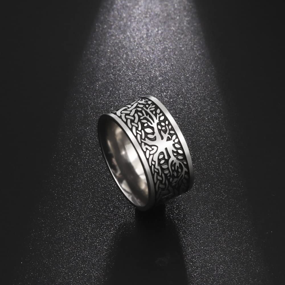 Hipee Celtic Knot Pattern Ring, Stainless Steel Jewelry for Men Women, 10mm Wide, 2mm Thick (Tree of Life, 10)