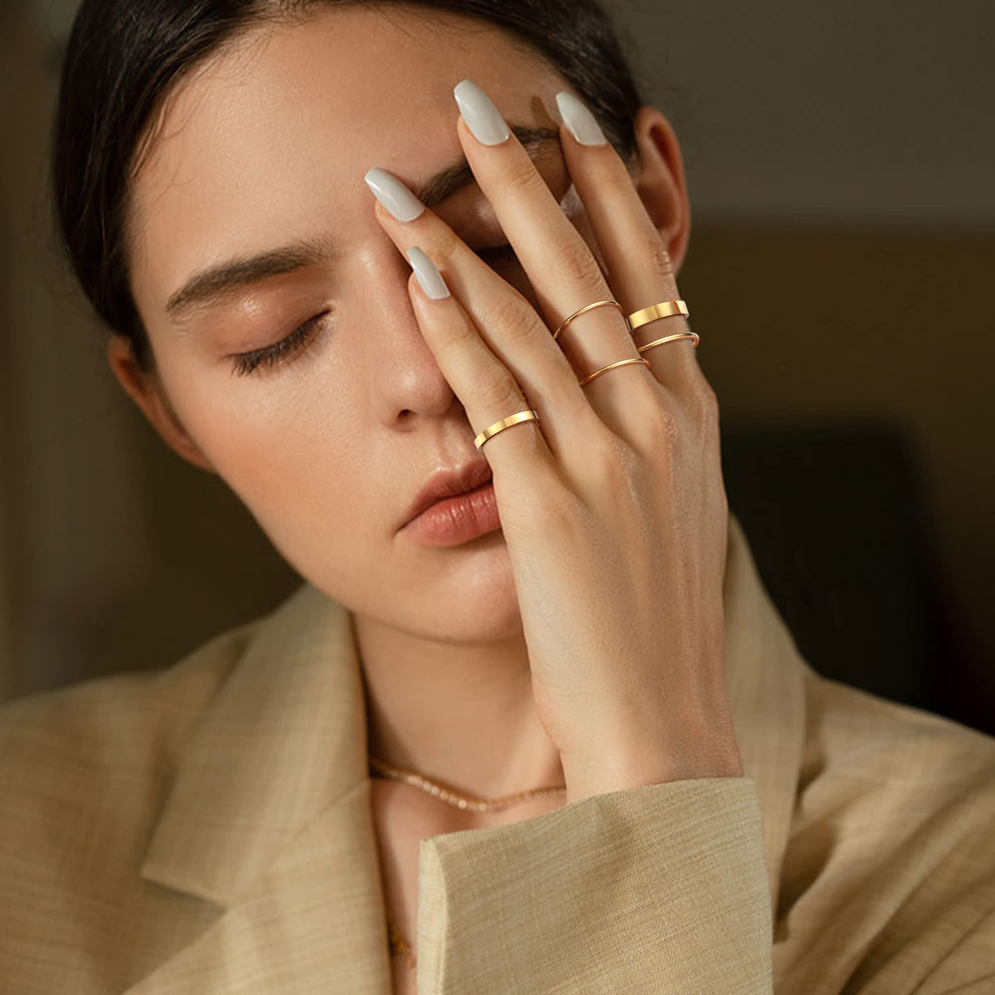 Jstyle 5Pcs 14K Gold Plated Rings for Women Fashion Plain Band Knuckle Stacking Midi Rings Stackable Thin Gold Rings Statement Band Ring 1mm 3mm 5mm 7