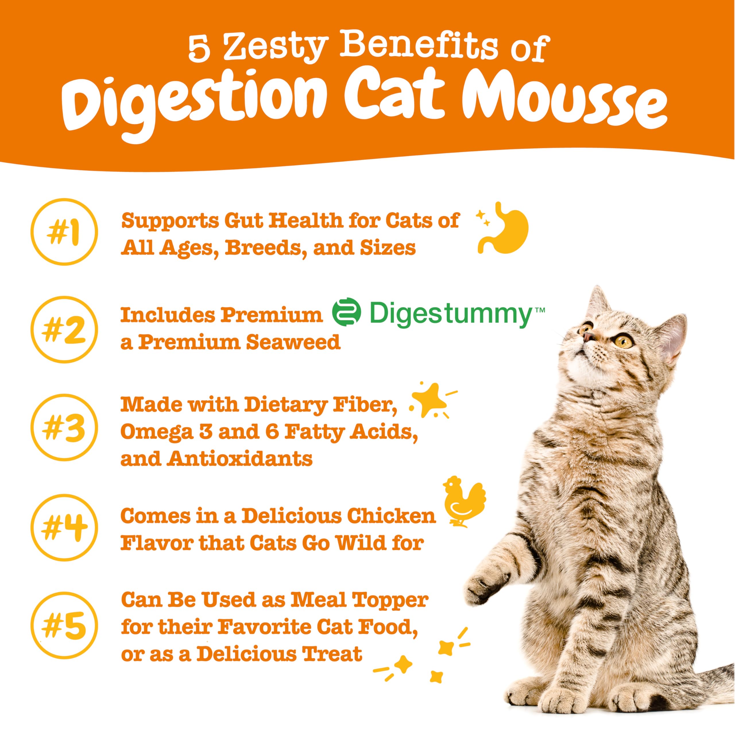 Zesty Paws Cat Mousse Squeezies Puree Cat Treats for Digestion - with Seaweed, Omega Fatty Acids, Antioxidants - Support for Digestive Health Cats - Chicken Flavor - 18 Count