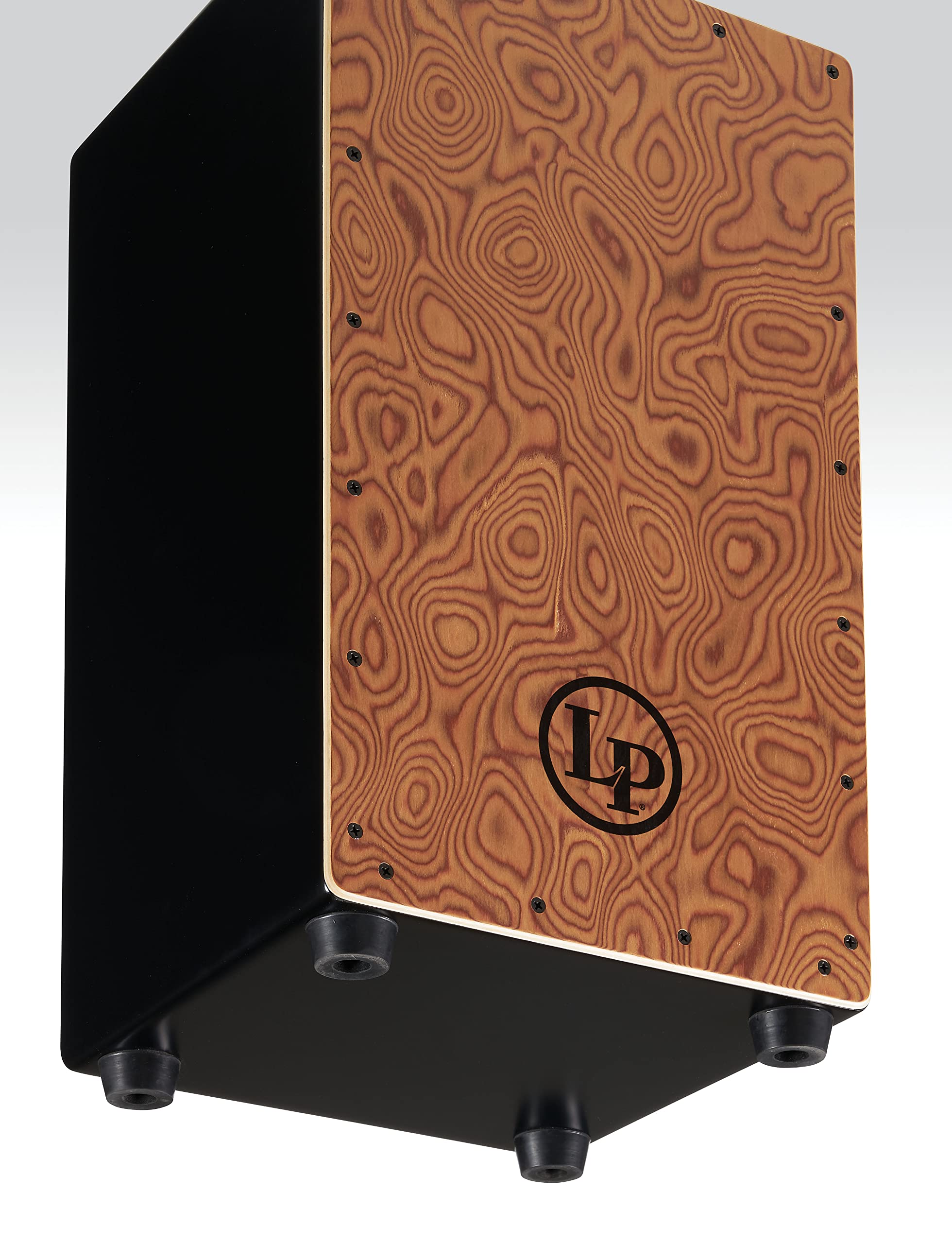Latin Percussion Box Exotic Cajon, Black with Figured Cerice Craftwood Soundboard, H-19” W-11” D-10” (LP1428NYFC-K)
