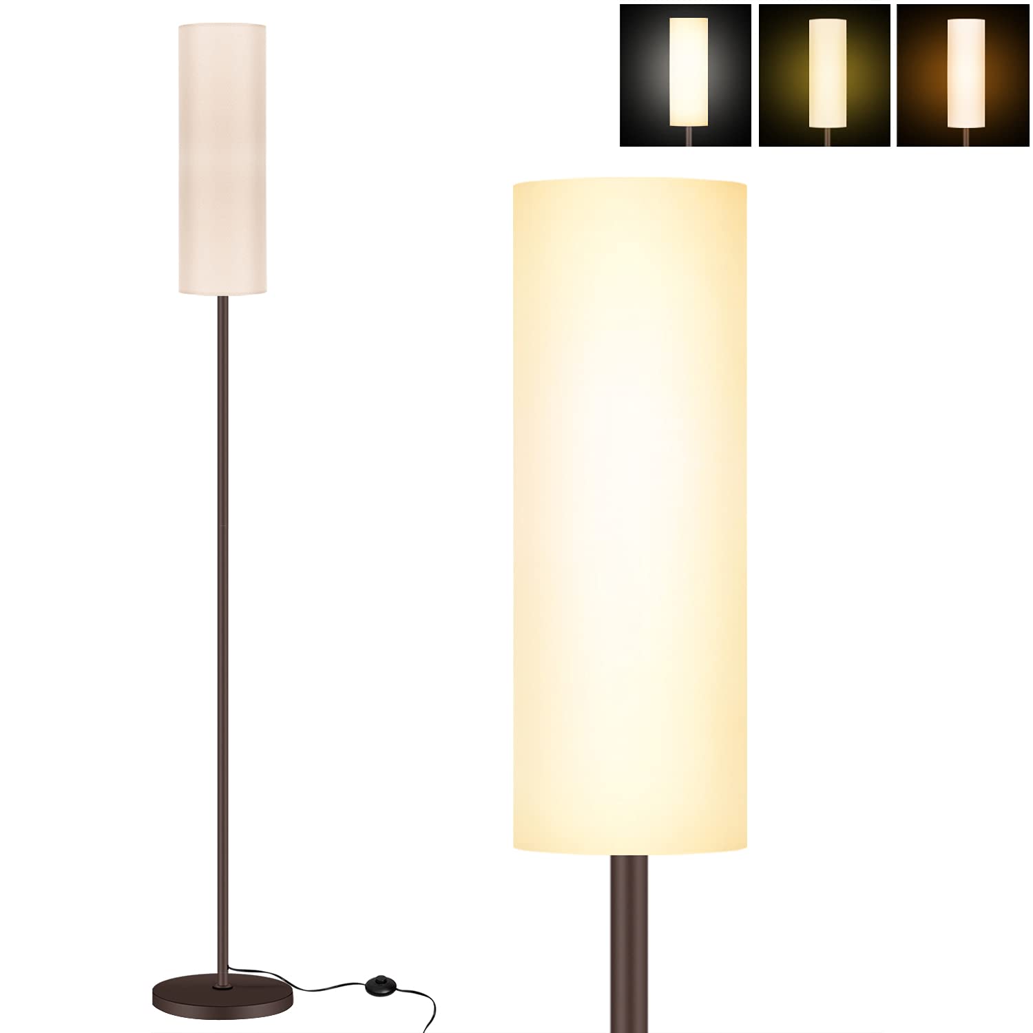 KIKET HOME Floor Lamp, Modern Design Standing Light with Linen Lamp Shade, Tall Lamp for Living Room/Bedroom/Study Room/Office with E26 Lamp Base (3-Color LED Bulb Included), Brown