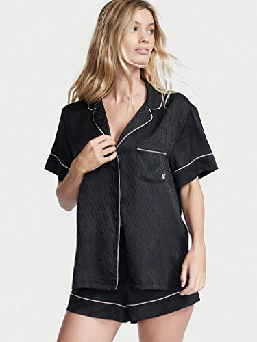 Victoria's Secret Silky Satin Two Piece Short Pajama Set, Satin Fabric, Unlined, Women's Pajamas, Black (XL)
