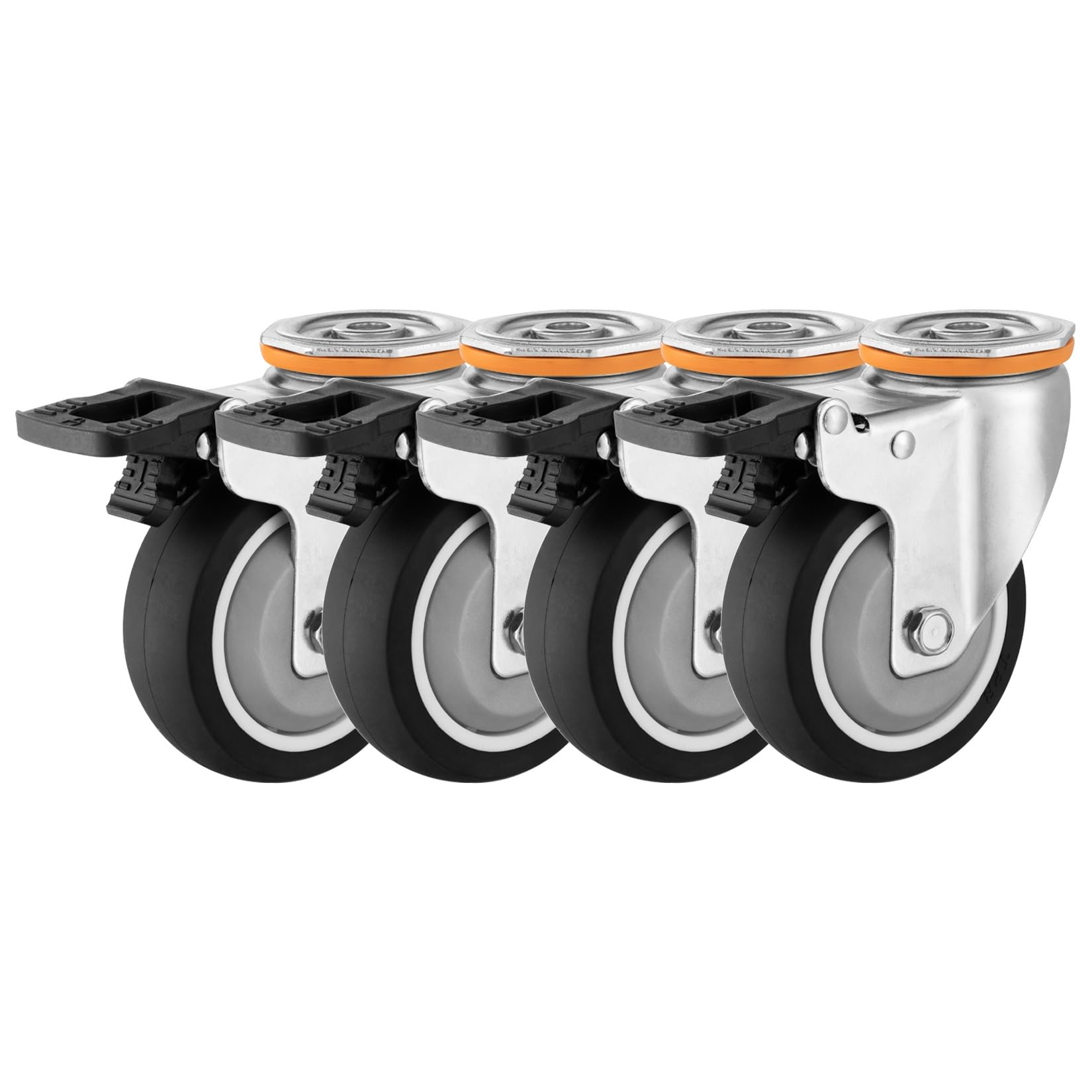 Heavy Duty Thermoplastic Rubber Wheel 3 4 5 Inch 4 Pack, Moving Silent No Floor Marks TPR Swivel Castors with Brakes, for M12 Bolts Top Hole Type Swivel Caster Wheel