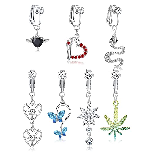 Jstyle 7Pcs Clip on Belly Button Rings Fake Belly Ring for Women CZ Dangle Belly Button Rings Snake Heart Non Piercing Jewelry
