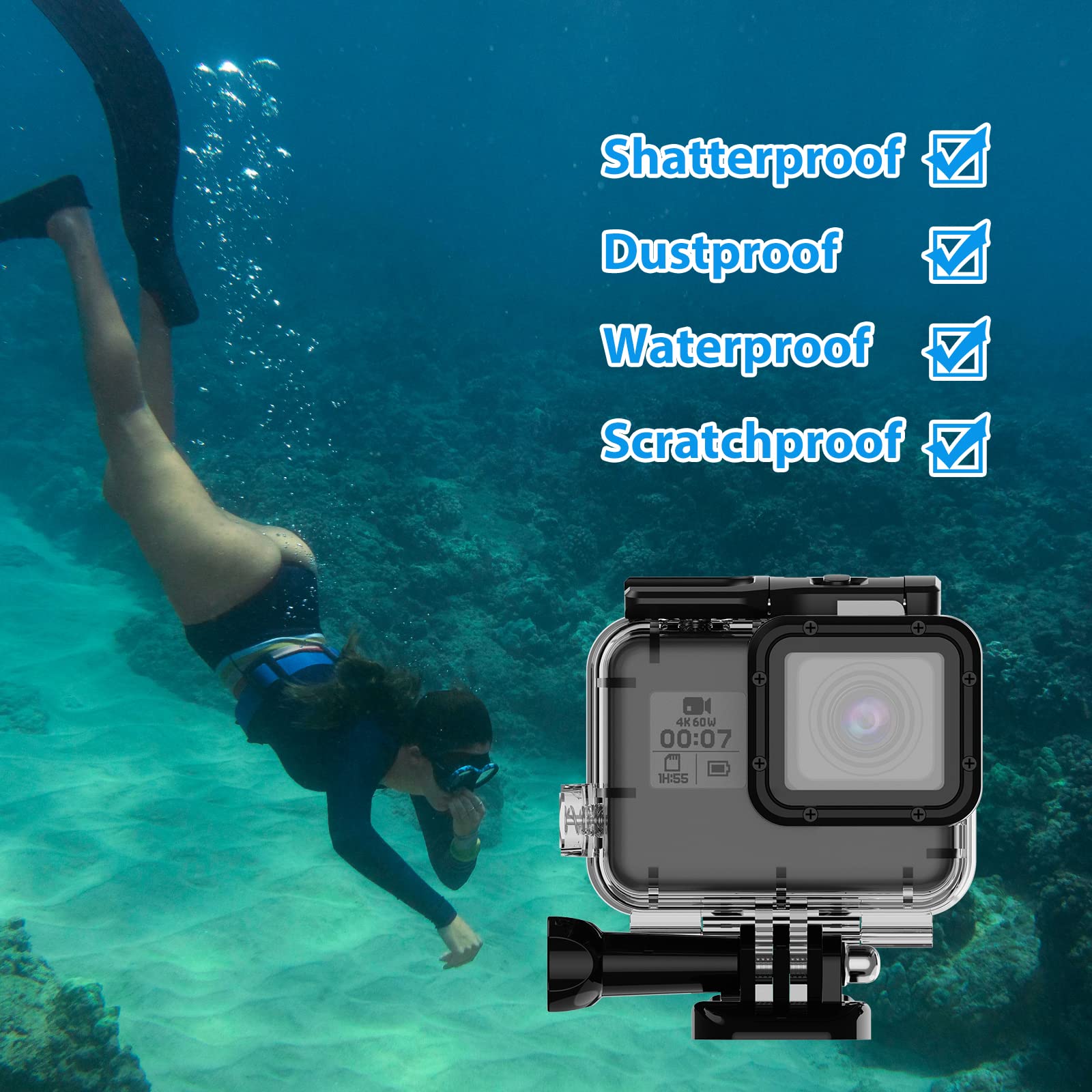 HONGDAK Waterproof Housing Case for GoPro Hero 4/3/3+, 60M/196FT Underwater Protective Dive Housing Shell with Bracket Mount Accessories for GoPro Hero4, Hero3+, Hero3 Action Camera Outside Sports