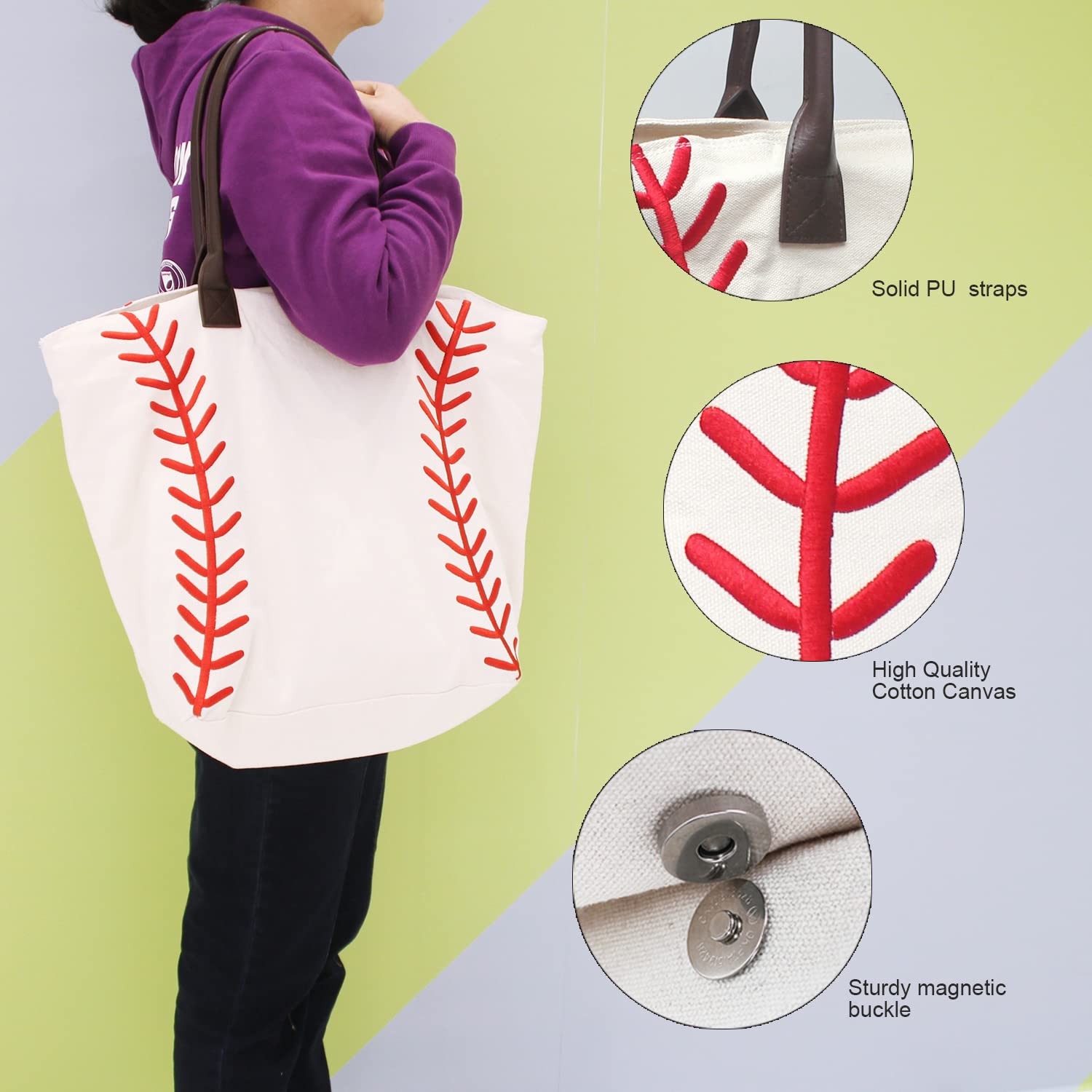 HOOX Canvas Baseball Mom Bag Embroidery Sport Tote Bag Large Oversize baseball handbag (Embroidered)