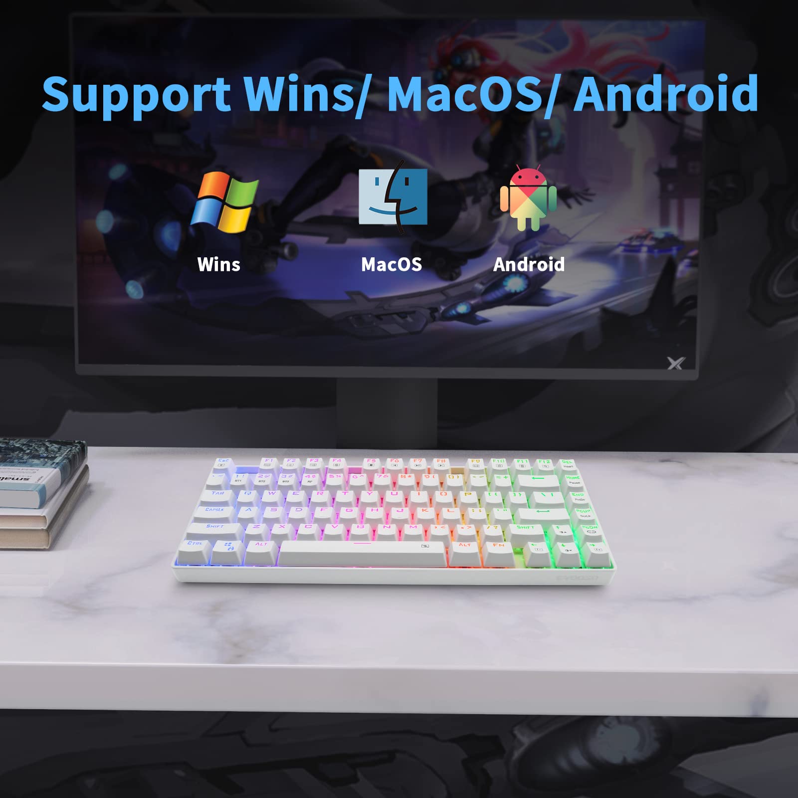 HUO JI Wireless RGB Mechanical Keyboard,Bluetooth/2.4Ghz/Wired Z-88 Gaming Keyboard with Clicky Blue Switches RGB LED Backlit 81 Keys Compact for Mac, PC, White