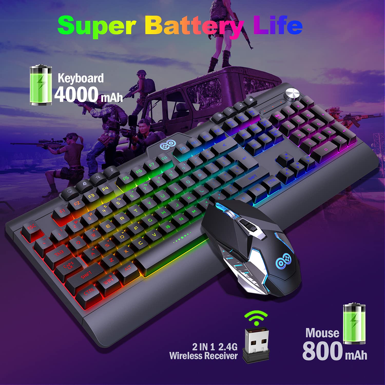 HETOETF Wireless Gaming Keyboard and Mouse Combo with Rainbow LED Backlit Rechargeable 4000mAh Battery Mechanical Ergonomic Waterproof Dustproof 7 Color Mice for Computer PC Mac Gamer (Black)