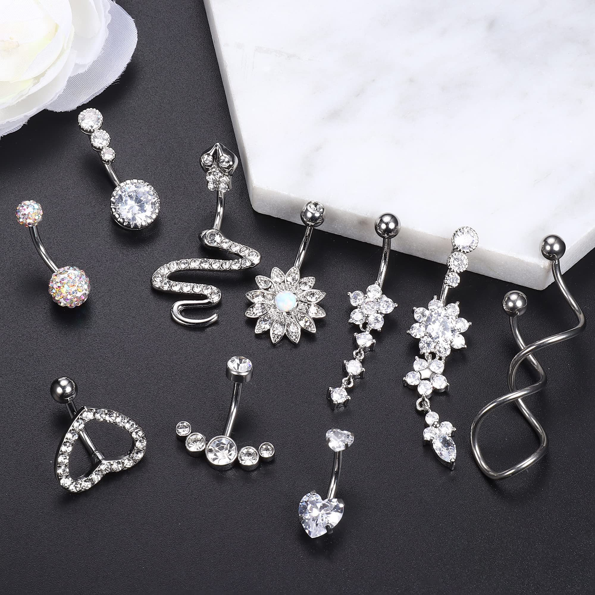 Jstyle Surgical Steel Belly Button Ring for Women Belly Piercing Dangling Cute Heart Butterfly Navel Rings Pack Silver