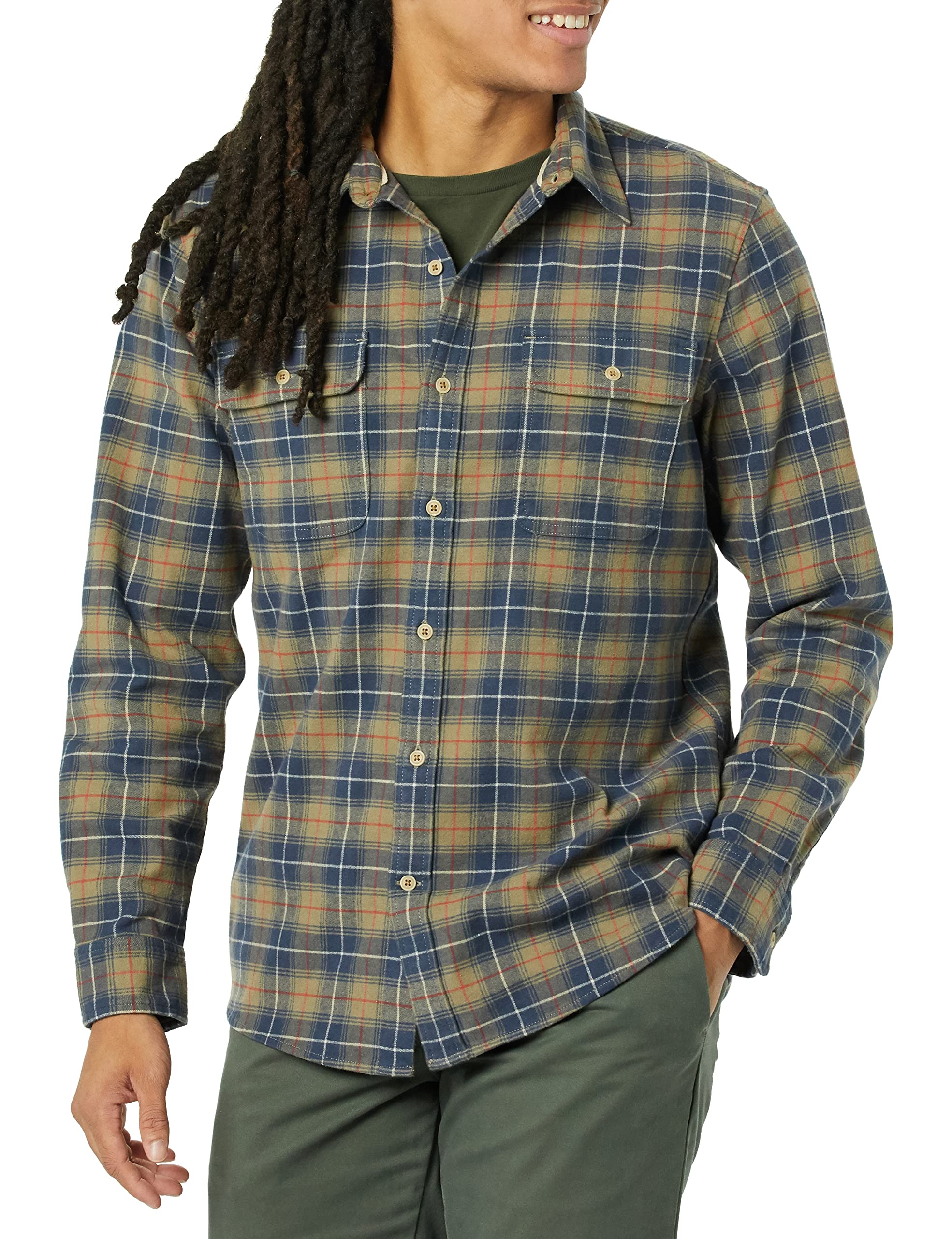 Goodthreads Men's Standard-Fit Long-Sleeve Stretch Flannel Shirt, Dark Blue/Multi Color/Plaid, X-Large
