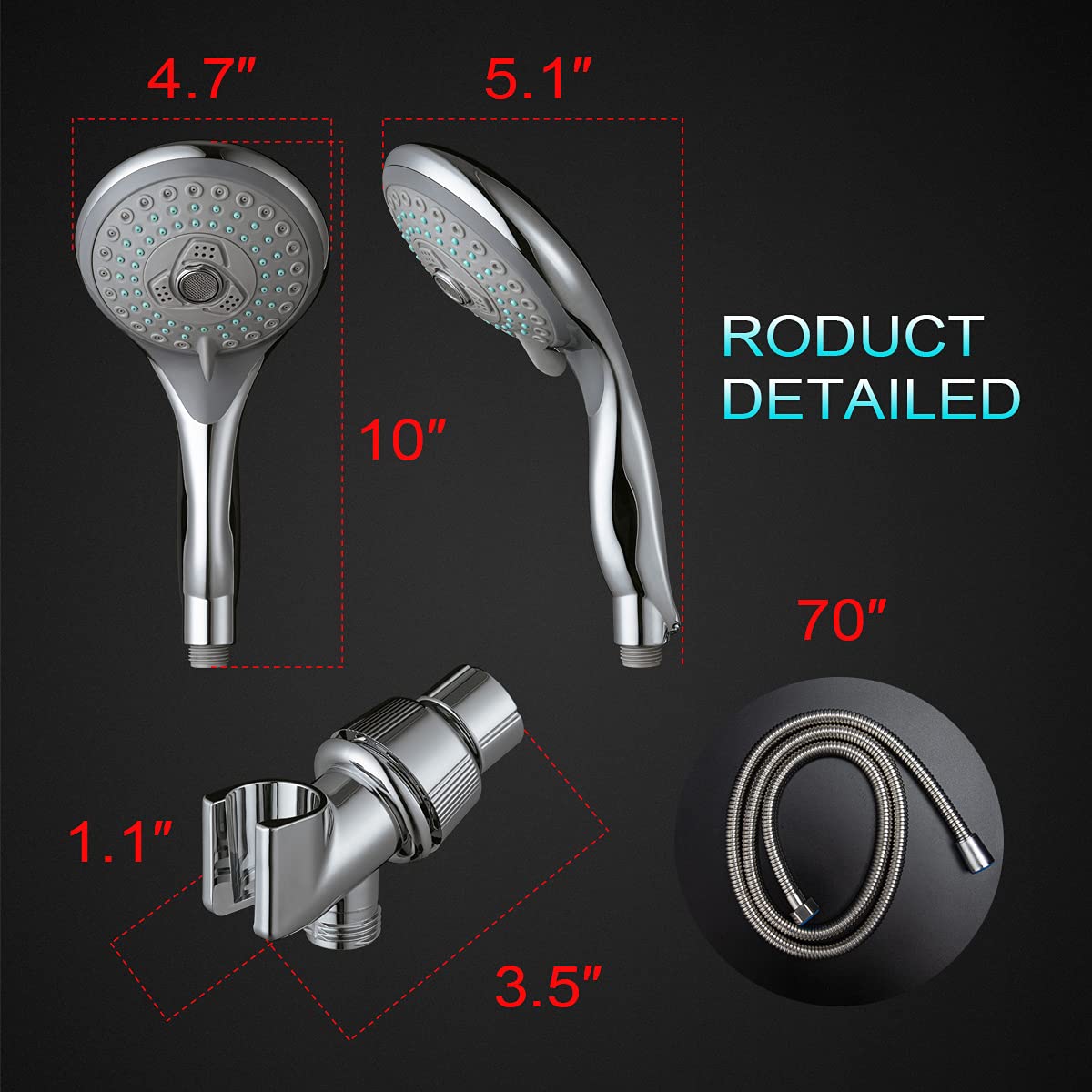 High Pressure 4.7" High Flow Shower Head with Handheld, 5 Spray Setting Shower Head with 70" Stainless Steel Shower Hose and Adjustable Bracket, Chrome Finish
