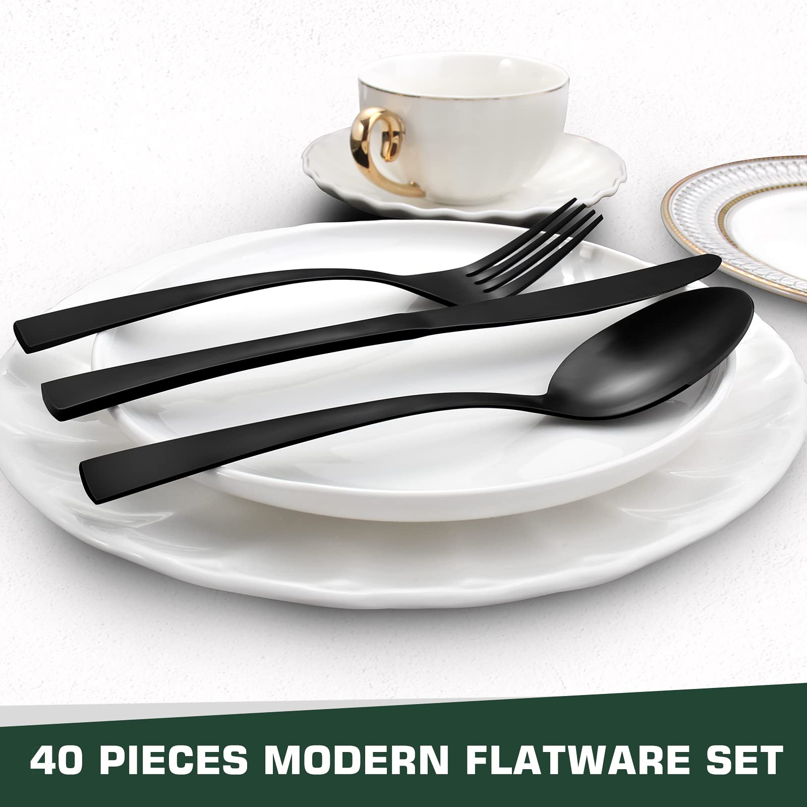 KassKa Matte Black Silverware Set 40 Pieces,Food Grade Stainless Steel Flatware Cutlery Set for 8,Kitchen Dinner Utensil Sets,Curved Knife Handle Design,Spoons and Forks Set,Dishwasher Safe