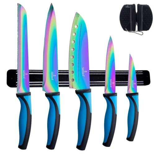 Kitchen Knife Set Kit, 5 Dishwasher Safe Colorful Knives, Knife Sharpener & Magnetic Wall Bar, Titanium Non Stick Plating Stainless Steel