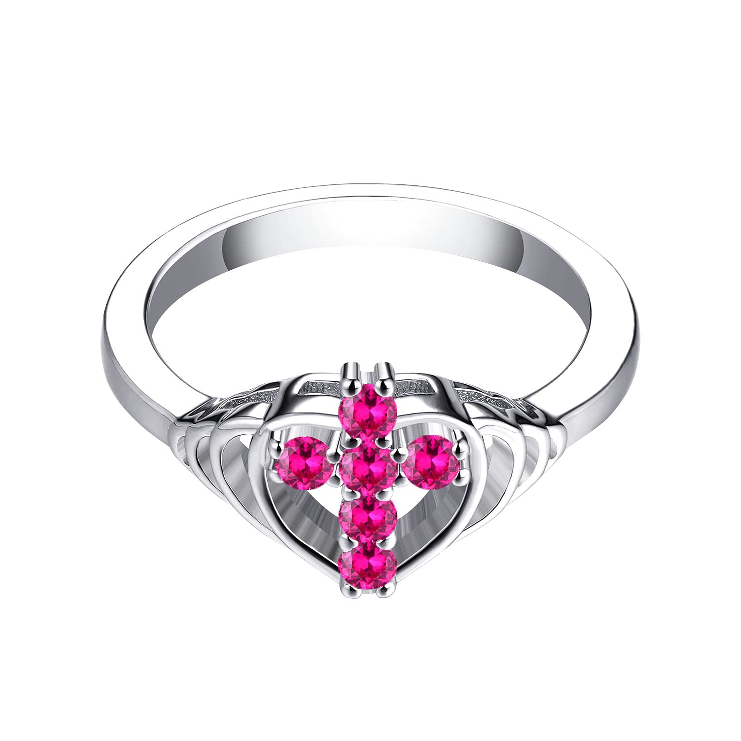 JO WISDOM 925 Sterling Silver Cubic Zirconia Heart Cross Crucifix Statement Ring,July Birthstone Ruby Color Jewelry for Women size9