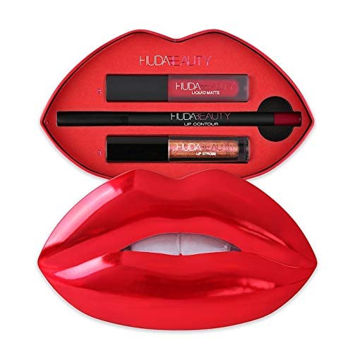 HUDA BEAUTY Holiday Contour & Strobe Lip Set: Heartbreaker β lip pencil & liquid lip, Shameless β lip strobe