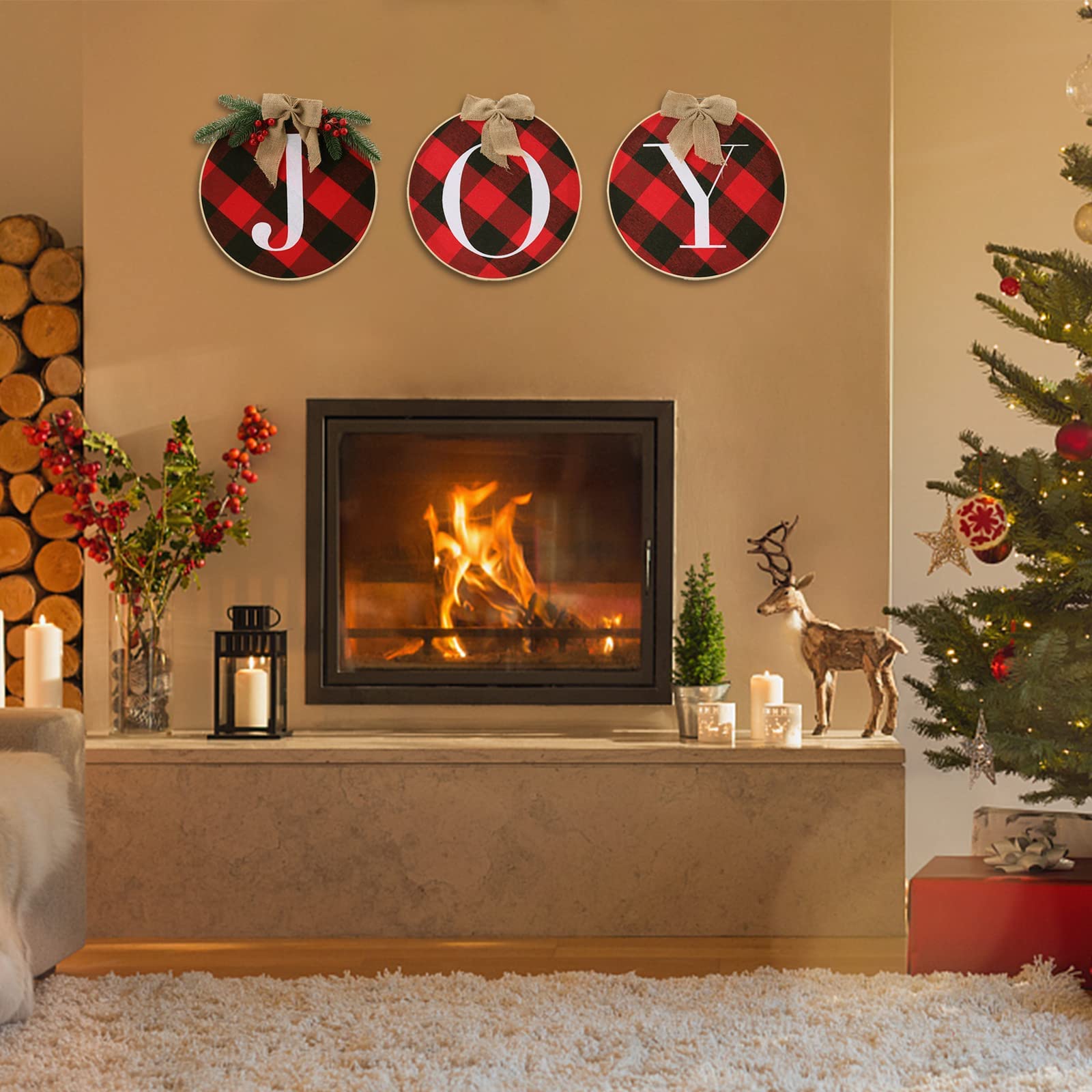 Jucoan Joy Sign Christmas Wreath Decoration for Front Door, Rustic Buffalo Check Plain Wood Hanging Wreath for Home, Wall, Fireplace, Stairs, Xmas Holiday Decor