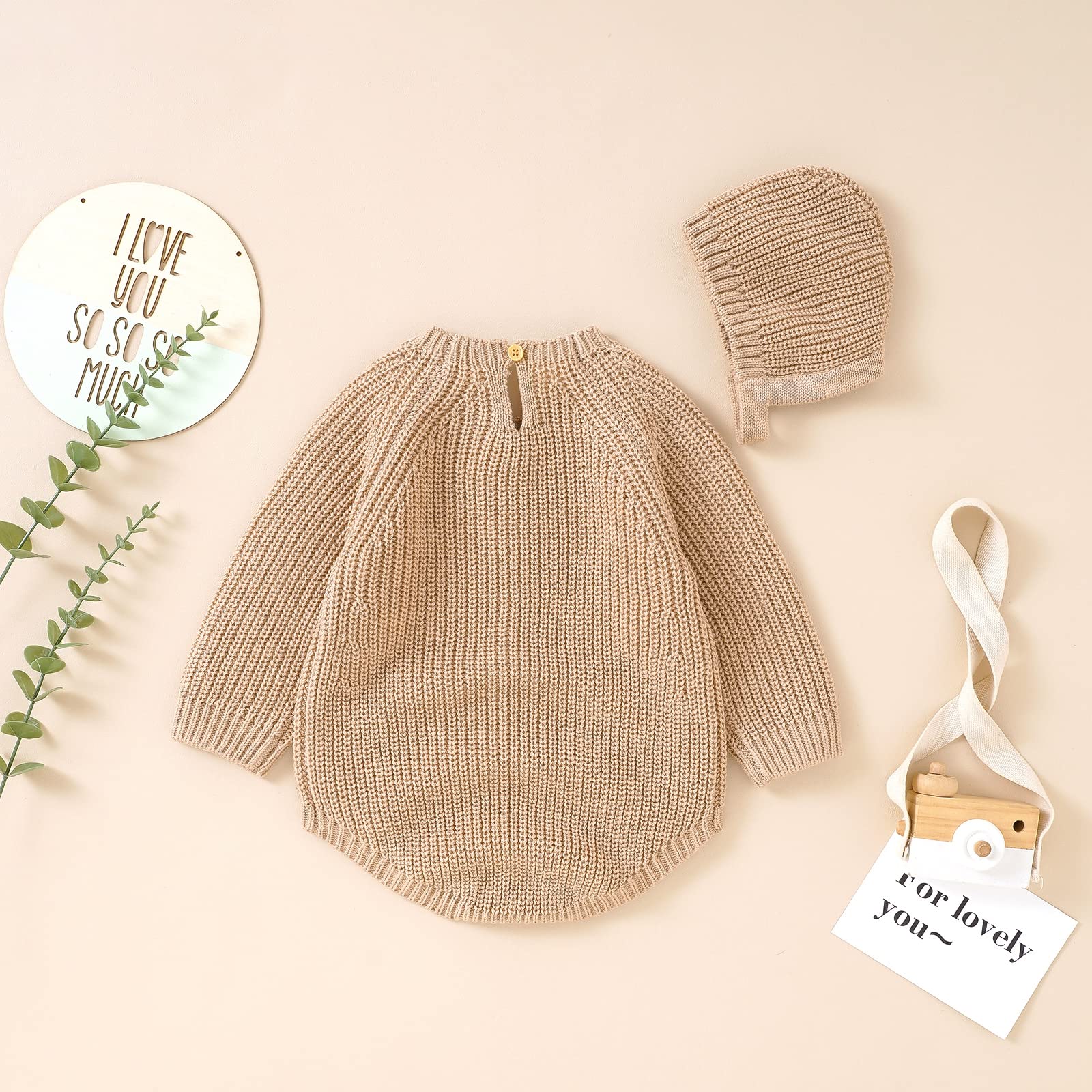 Newborn Baby Girl Boy Knit Sweater Romper Neutral One Piece Bodysuit Pullover Fall Winter Clothes (Hat Khaki, 0-3M)