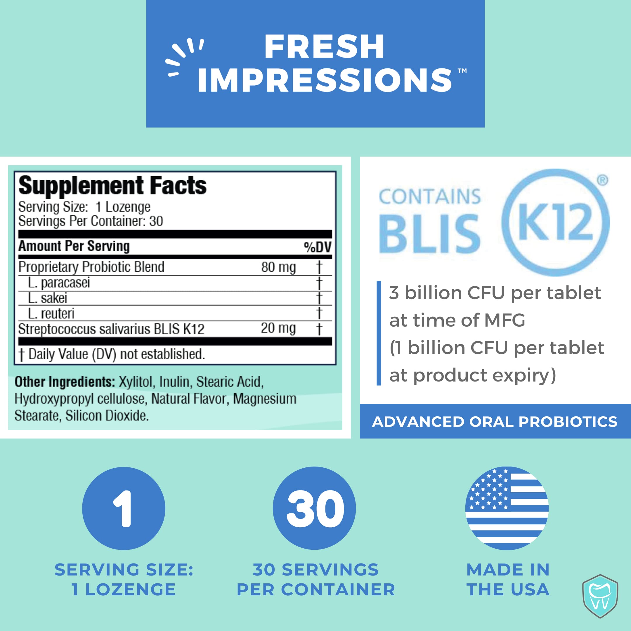 Oral Probiotics, Chewable Oral Probiotic for Bad Breath, Halitosis, Teeth, and Gum Health, Fresh Impressions, Oral Probiotic Lozenges, Contains Blis K12, Mint Flavored, Sugar Free, 1 Pack (30ct)