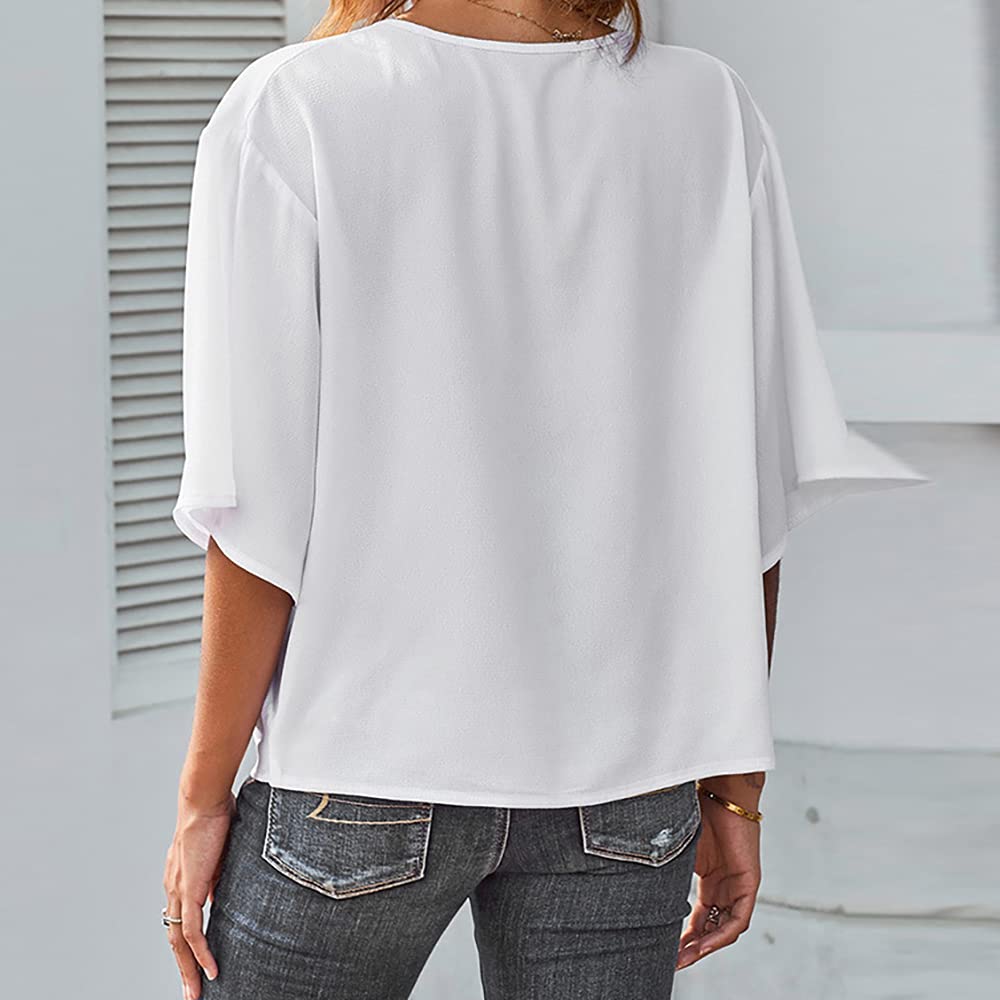 Janepam Womens Tops Shirt Chiffon Solid Color Plain 3/4 Sleeve Long Sleeve Batwing Plus Size V-Neck Loose Baggy Oversized Blouse(A White,M)