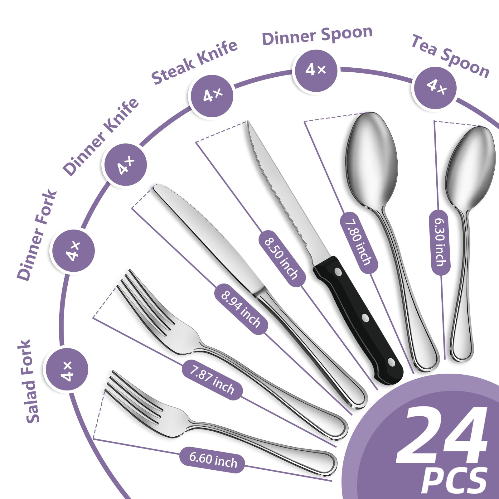 Gifcomda 24 PCS Silverware Set Include 4 Steak Knives Service for 4, Premium Stainless Steel Utensil Sets, Mirror Polished Flatware, Spoons and Forks Set, Dishwasher Safe and Stylish Design