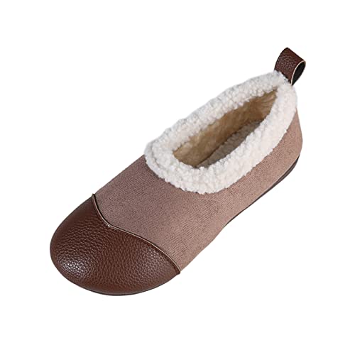 Ladies Fashion Solid Color Suede Leather Panel Warm Plush Flat Sole Casual Shoes Men Shoes Casual Sandals Brown