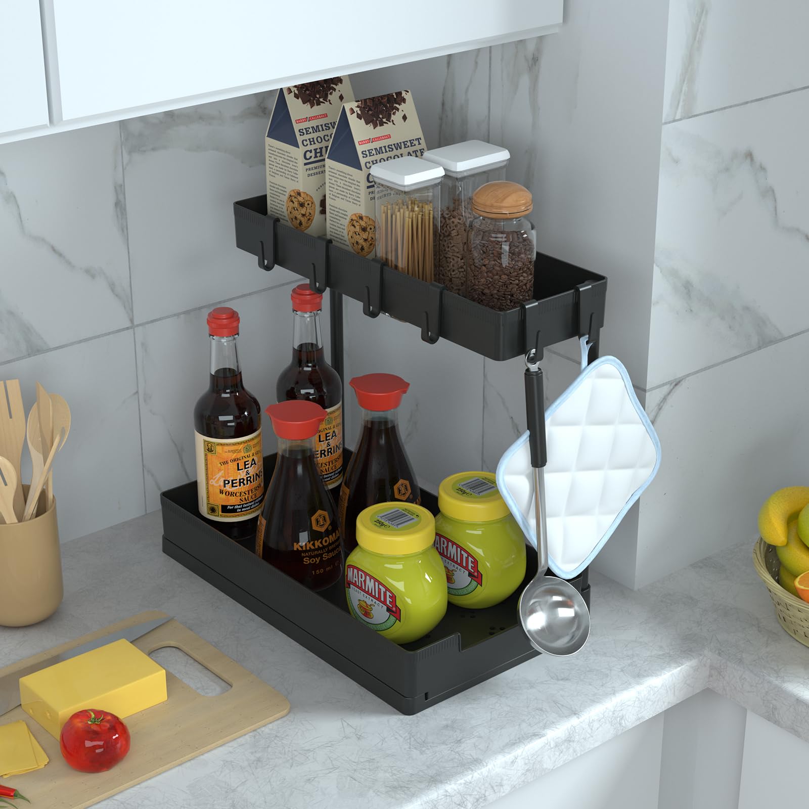 JUJEKWK Under Sink Organizers and Storage 2 pack, 2-Tier bathroom organizer, Kitchen Organizer, L Shaped cabinet organizer (Black)