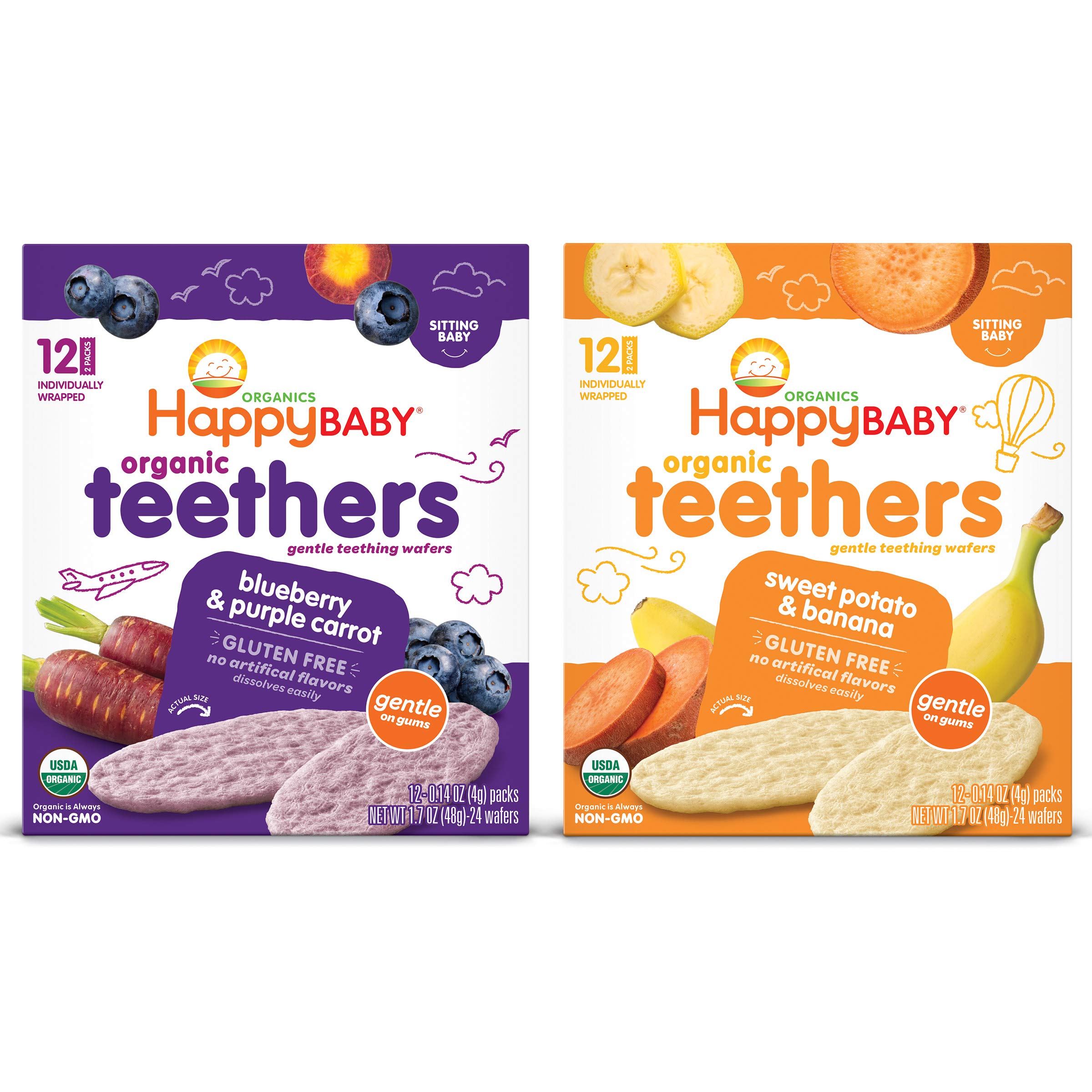 Happy Baby Organics Gluten Free Organic Teethers 2 Flavor Variety Pack (Blueberry & Purple Carrot/Sweet Potato & Banana), 12 Count (Pack of 2)