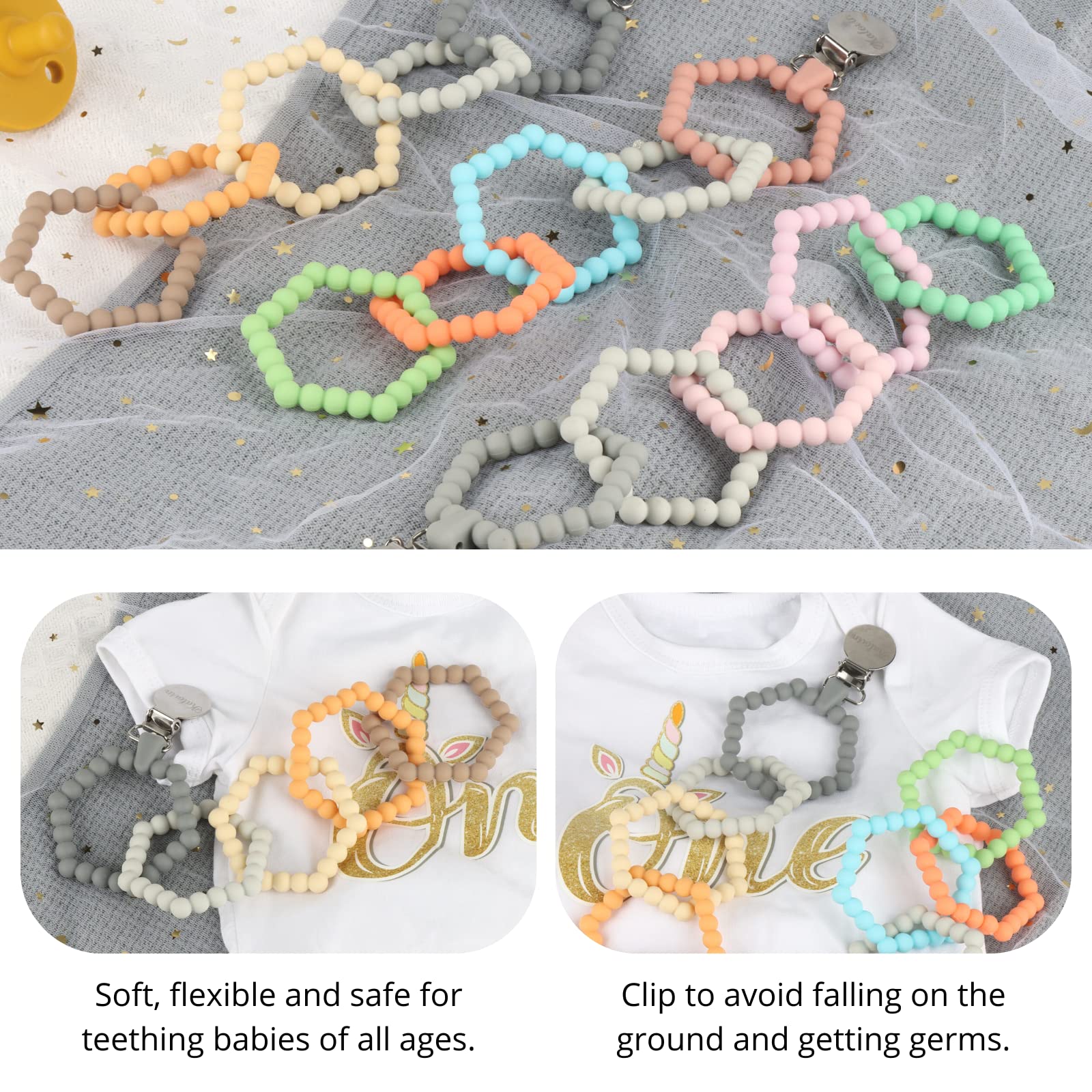 Kalovin Teether Rings, Silicone Sensory Teething Ring, Baby Teether Links Clip on Teether, Food Grade Silicone, BPA & Phthalate