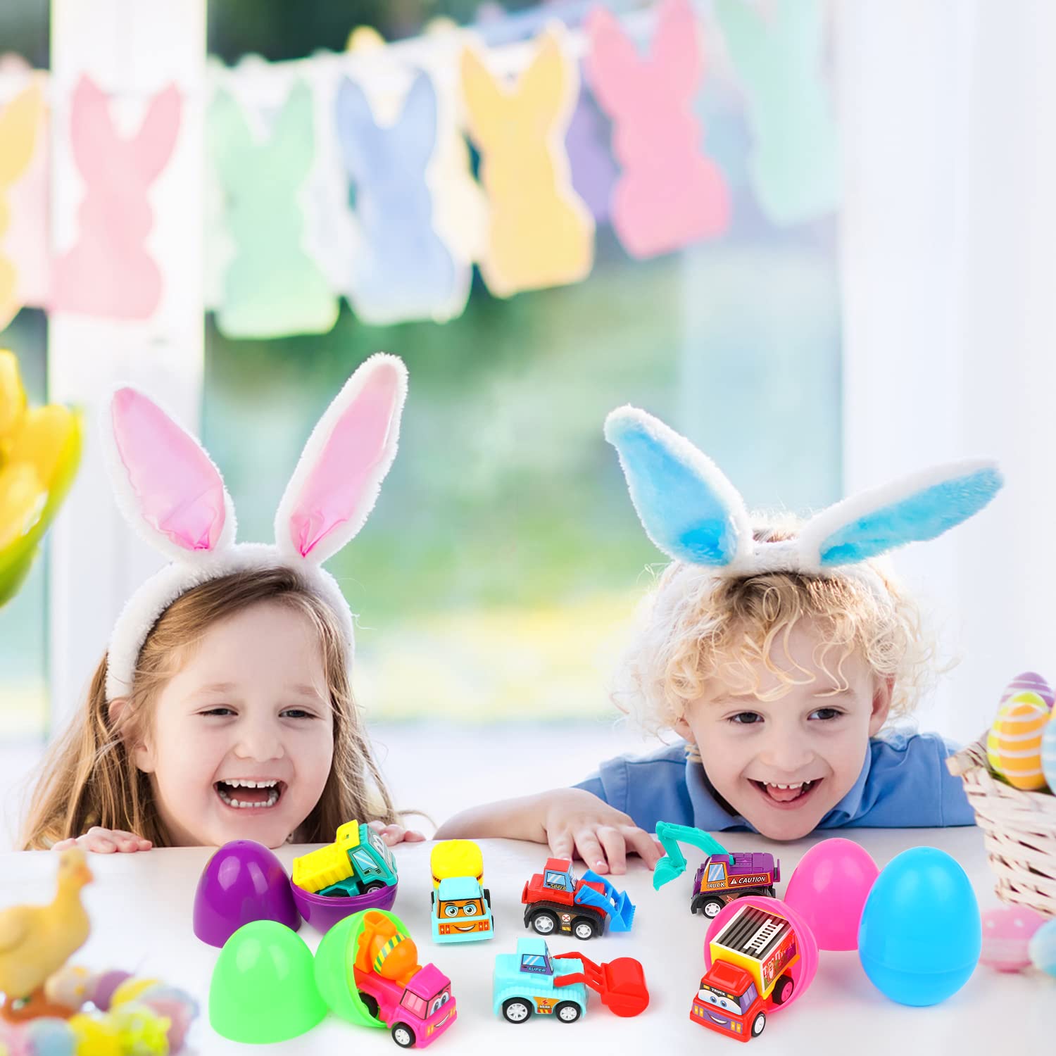 LOKIPA 12PCS Easter Eggs Filled with Pull-Back Car Toys, Plastic Easter Eggs Engineering Vehicles Toys for Easter Egg Hunt, Basket Stuffers Filler and Kids Birthday Party Favors