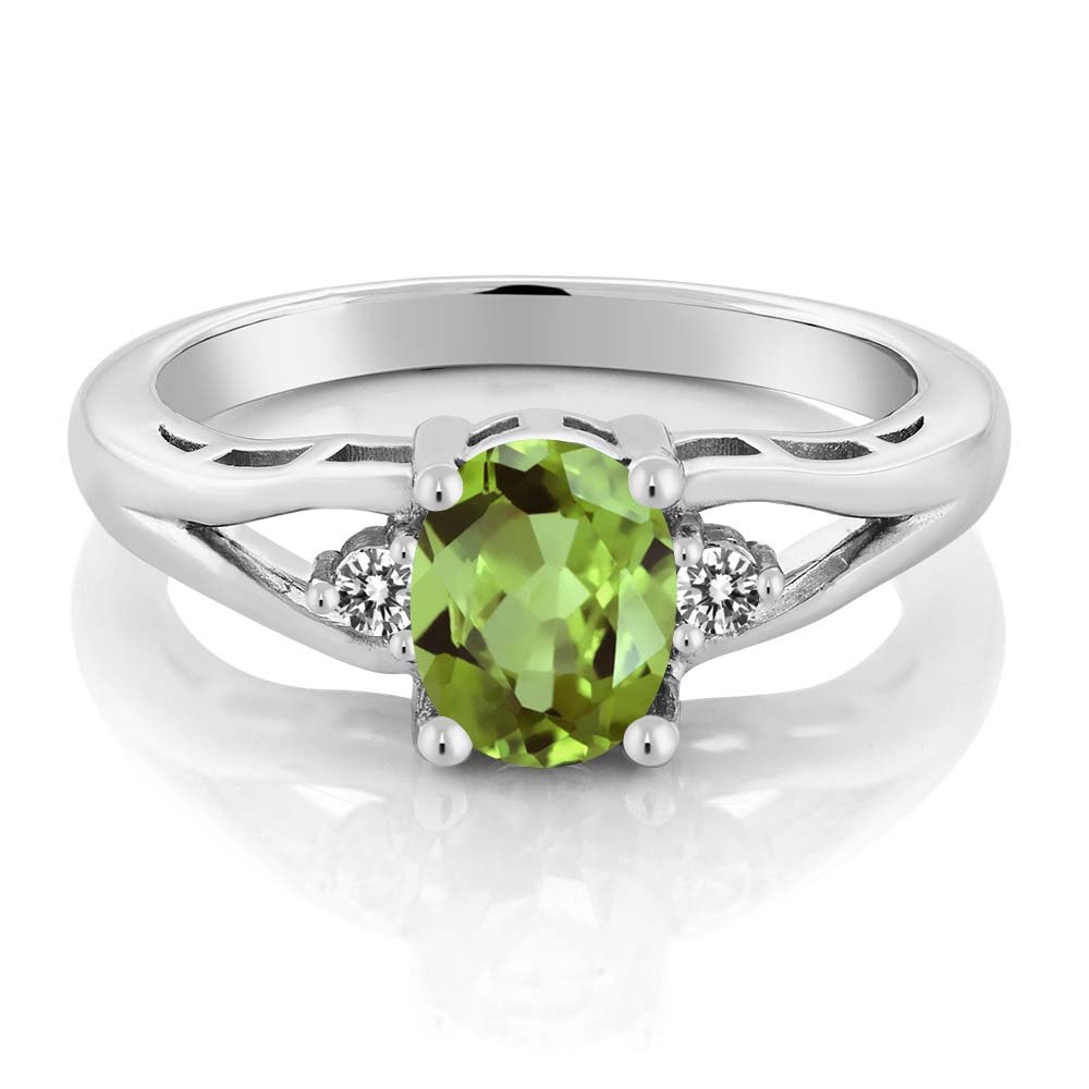 Gem Stone King 925 Sterling Silver Green Peridot and White Topaz 3 Stone Ring For Women | 1.50 Cttw | Gemstone Birthstone | Oval 8X6MM | Available In Size 5,6,7,8,9