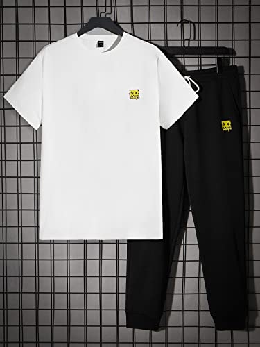 NIBHZ Two Piece Outfits for Men Men Cartoon Graphic Tee & Sweatpants (Color : Black and White, Size : X-Large)